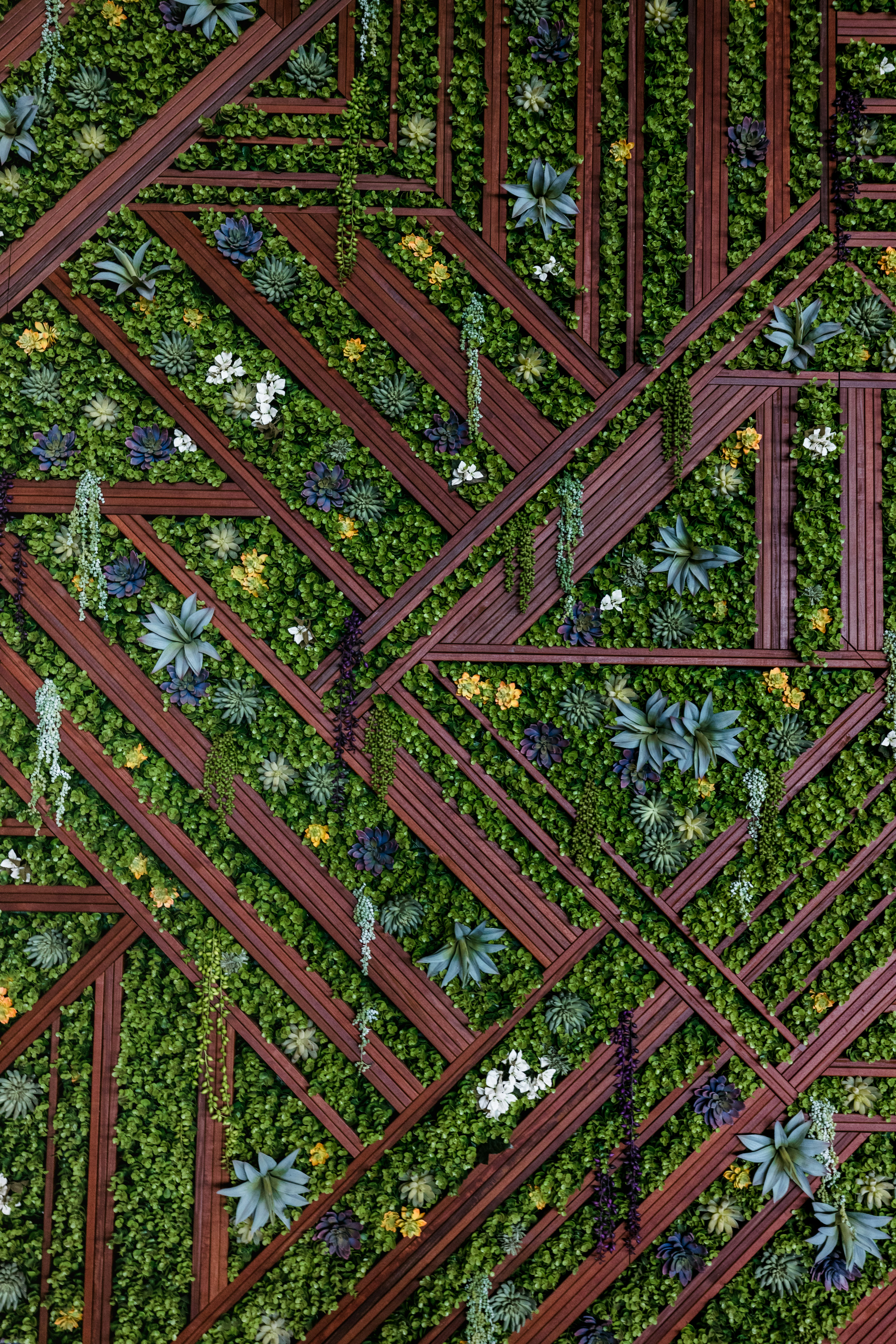 Intricate wooden patterns interwoven with lush greenery and vibrant succulents create a striking vertical garden display.