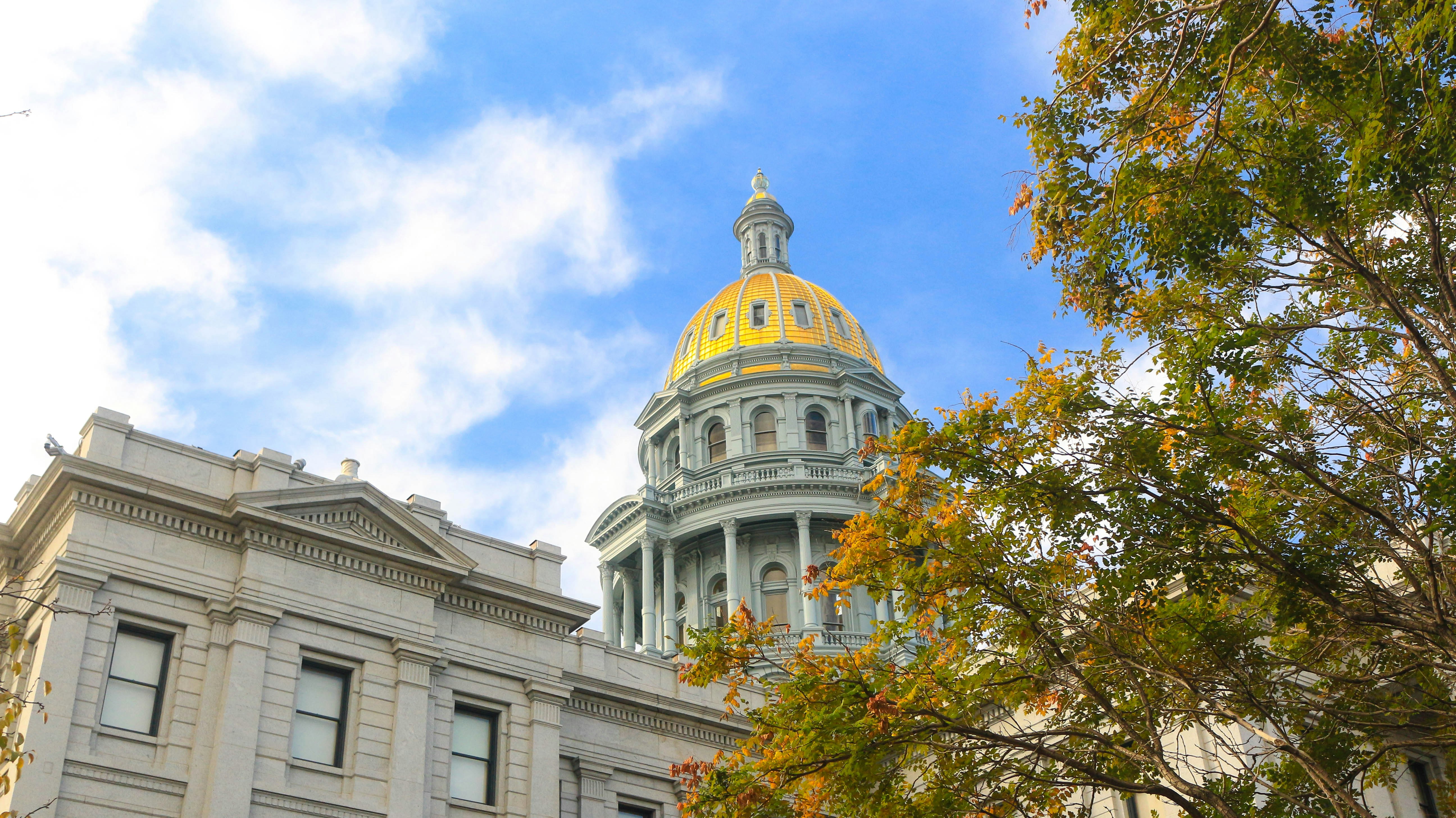 Historic building with a prominent golden dome surrounded by lush greenery and a clear blue sky.