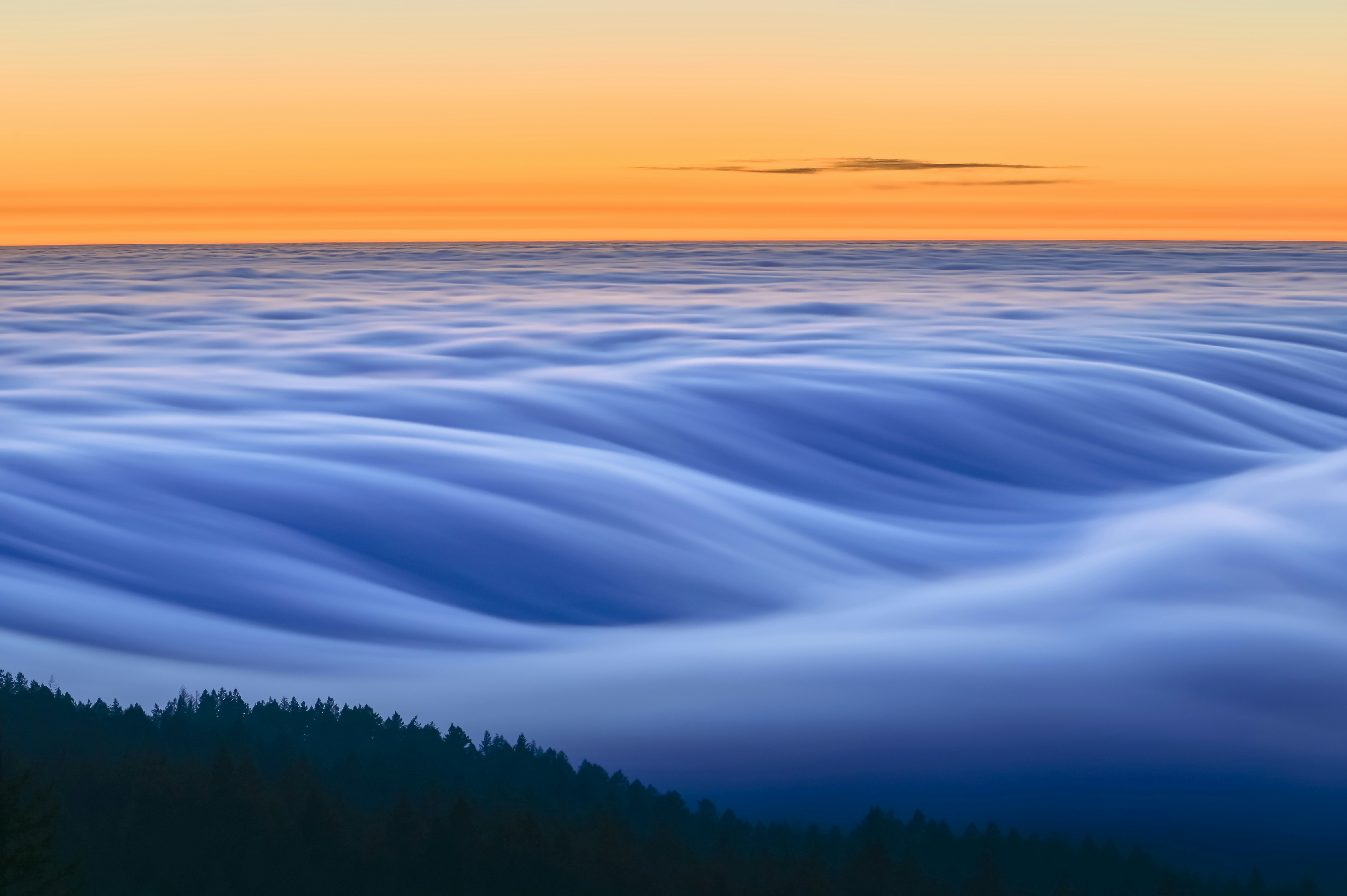 Rolling waves of clouds illuminated by a vibrant orange sunrise over a dark forested landscape.