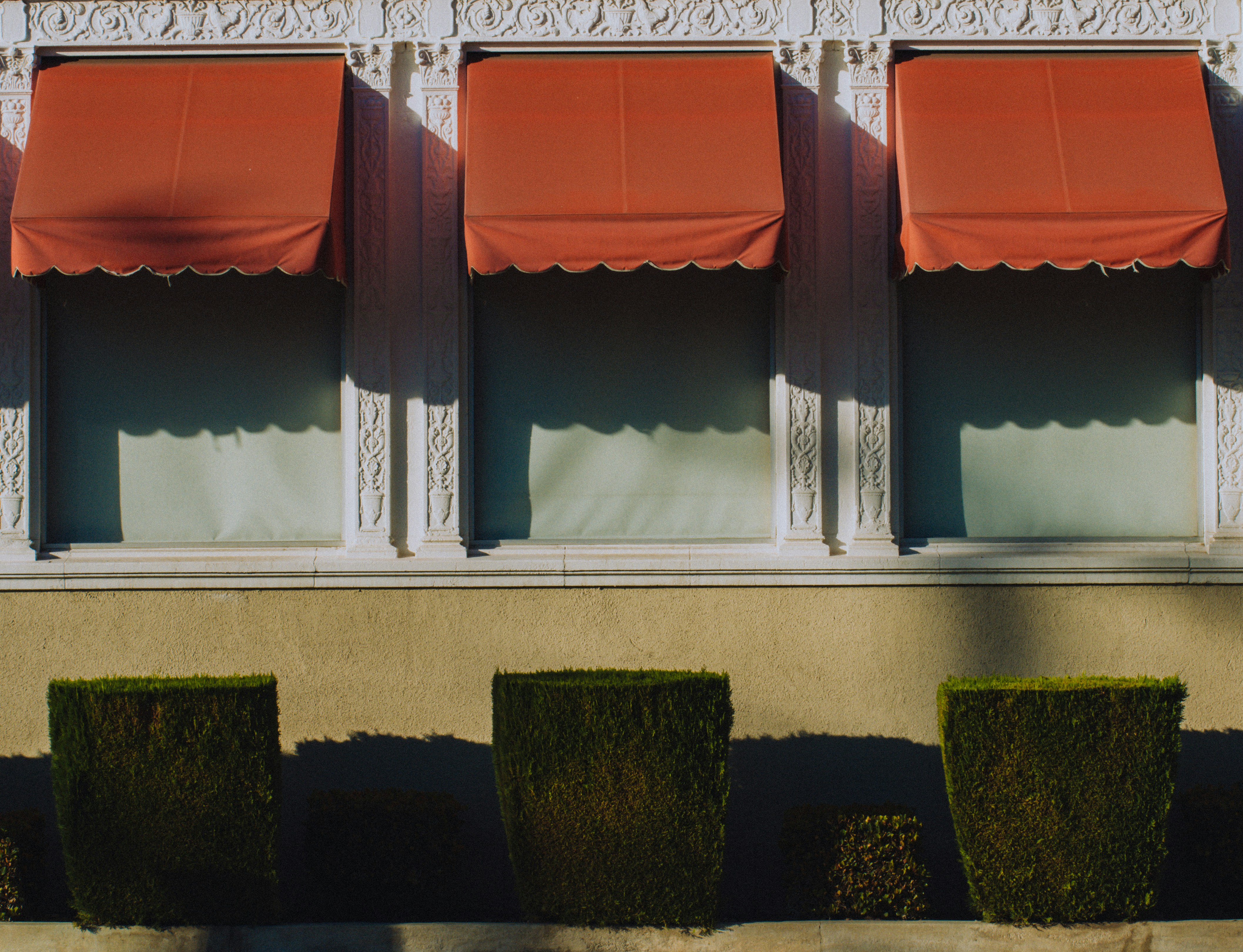 A storefront facade features three orange awnings over pale-green windows, with decorative columns and a row of neatly trimmed box hedges in front. The composition emphasizes symmetry and bold color blocks.