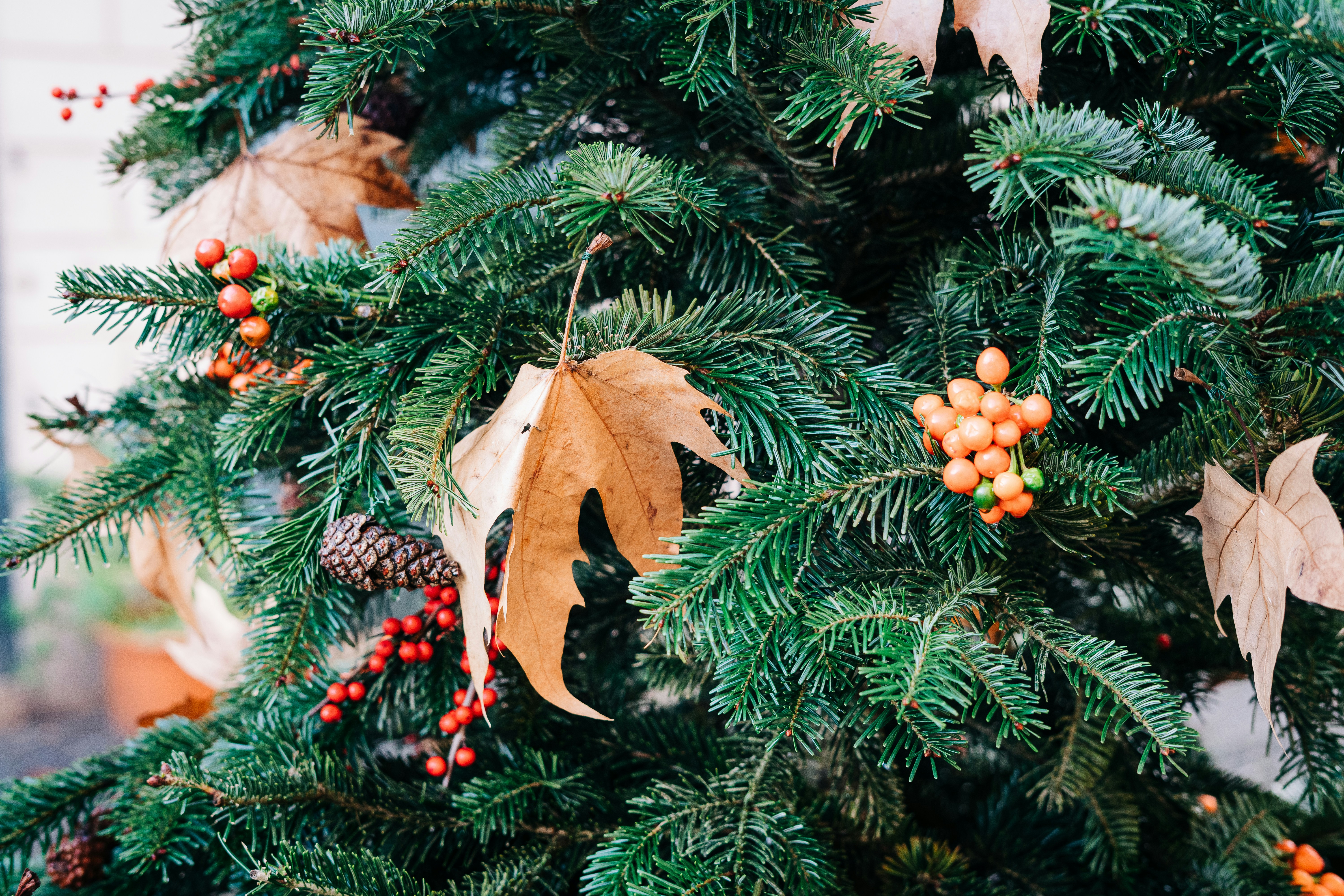 Christmas tree decorated in fall leaves, cones and berries