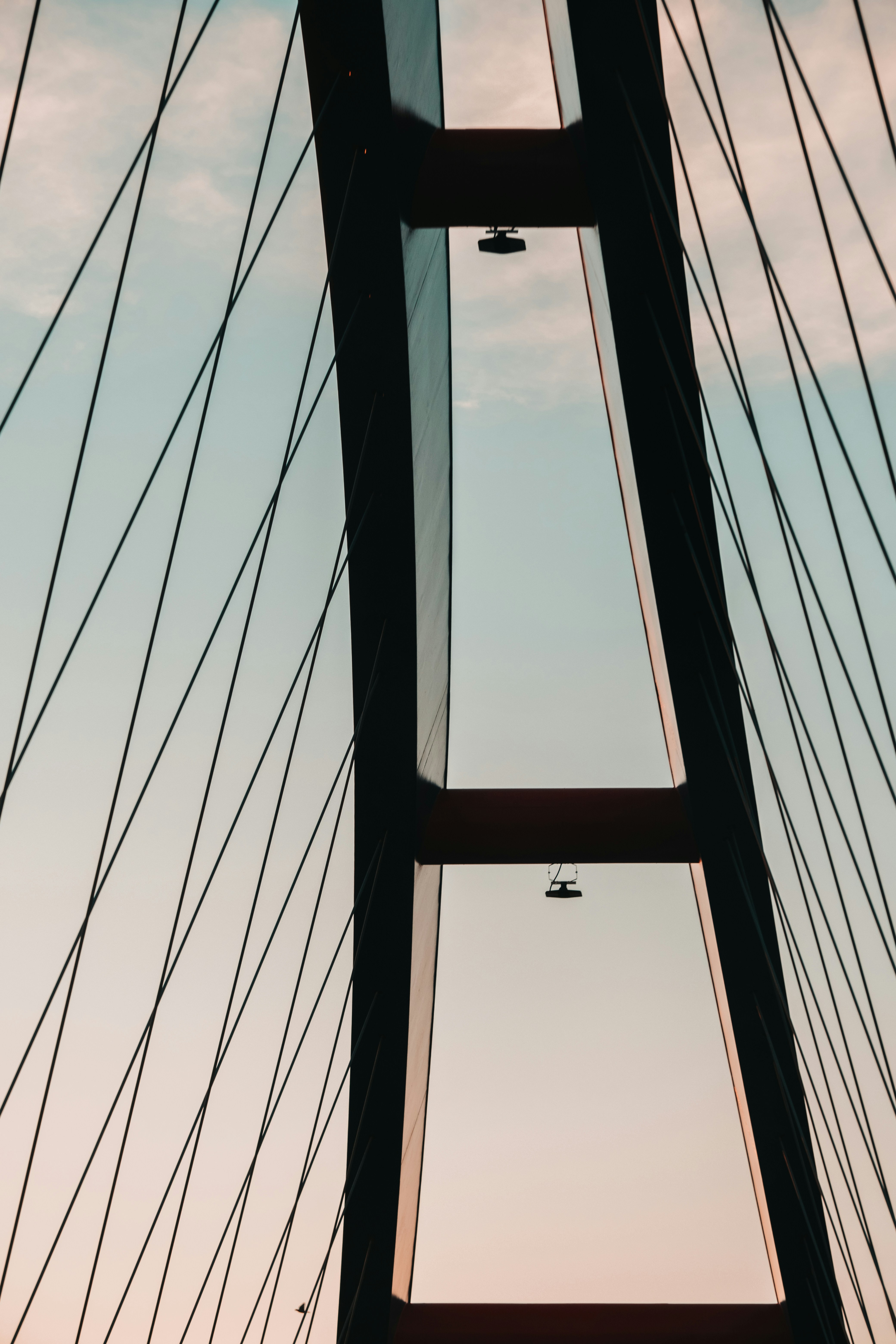 A plane flying through the air over a bridge photo – Free Sunset Image ...