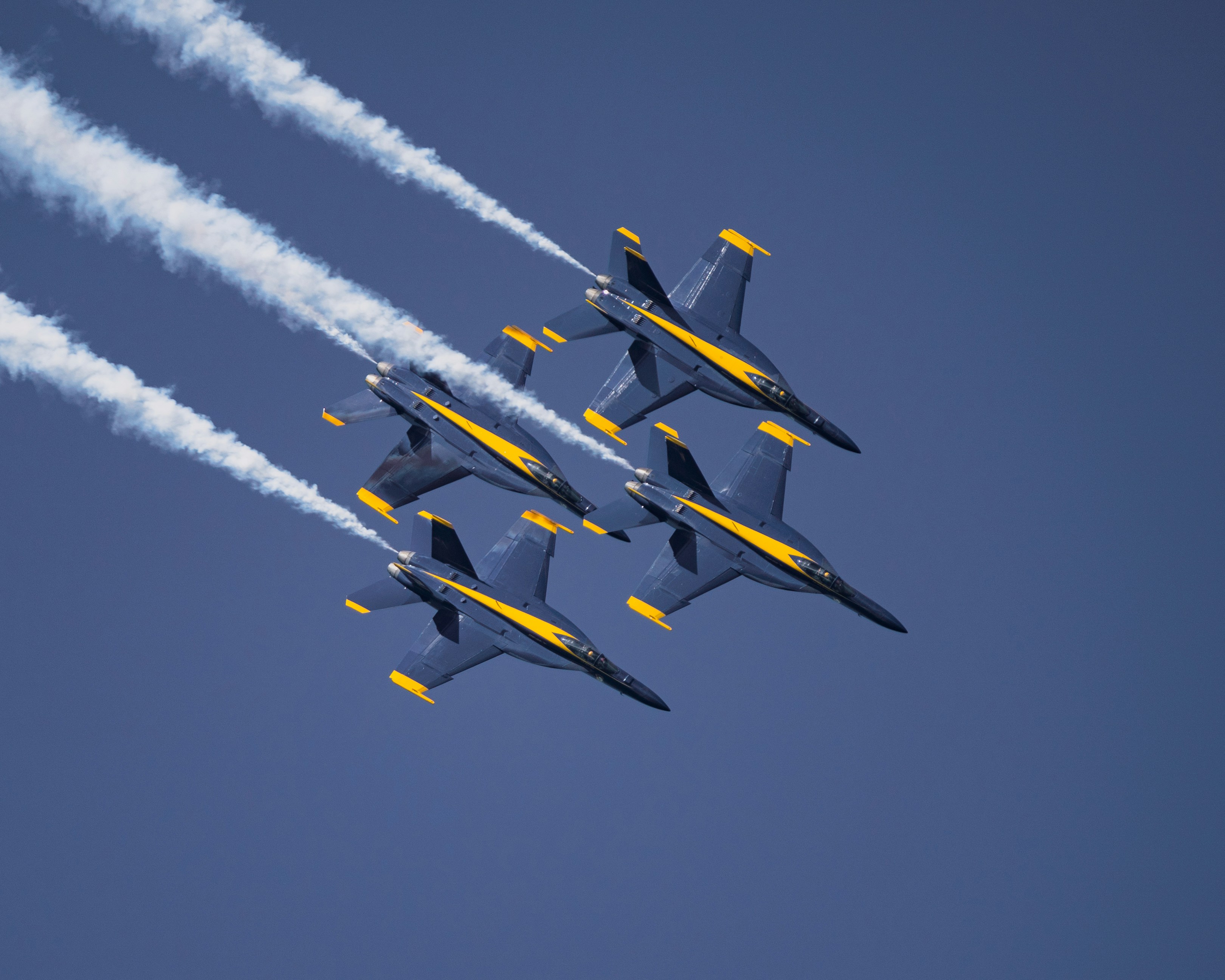 A group of fighter jets flying through a blue sky photo – Free Hornet ...