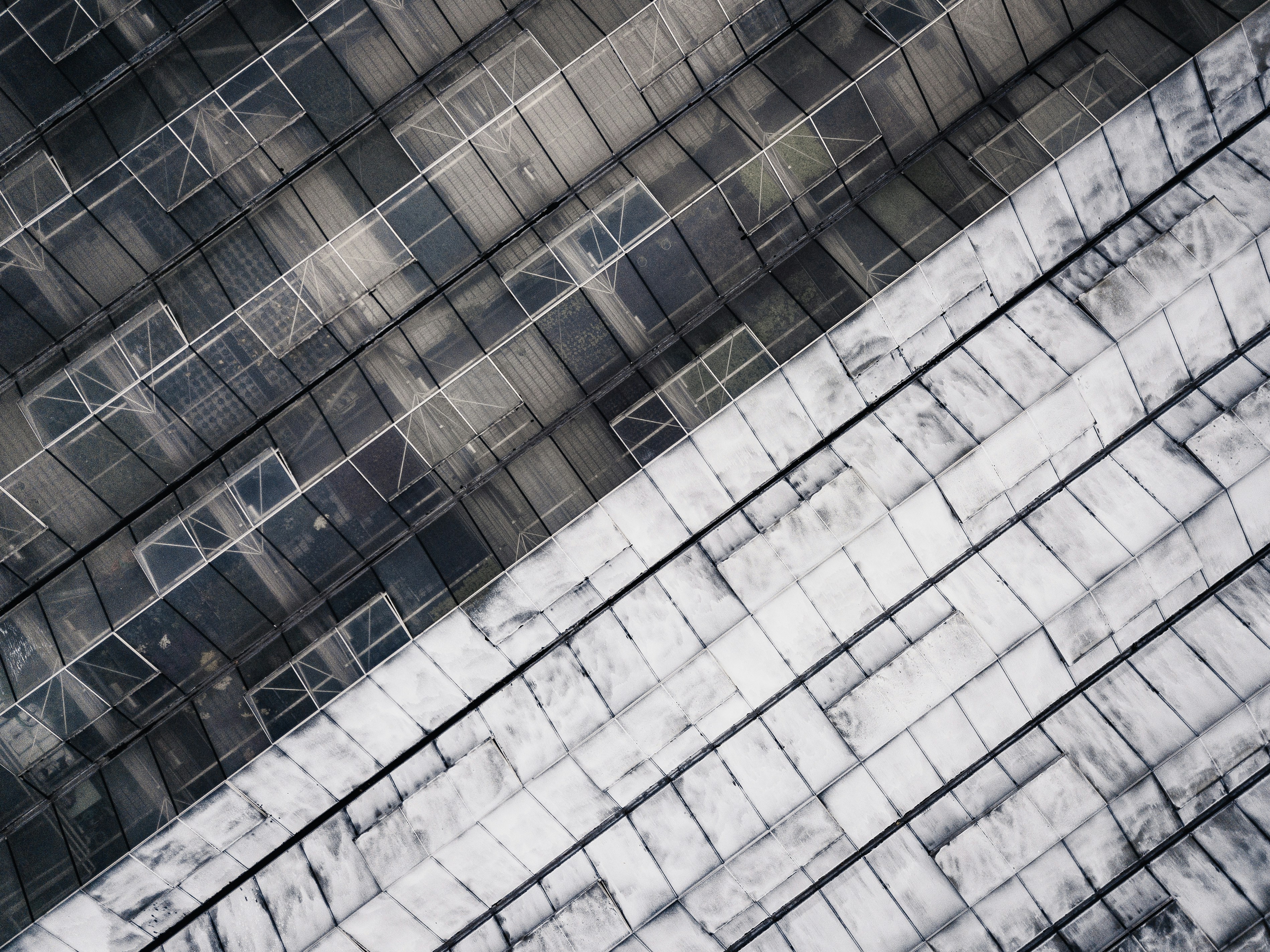 Overlapping glass rooftops create a pattern of contrasting textures and shades.