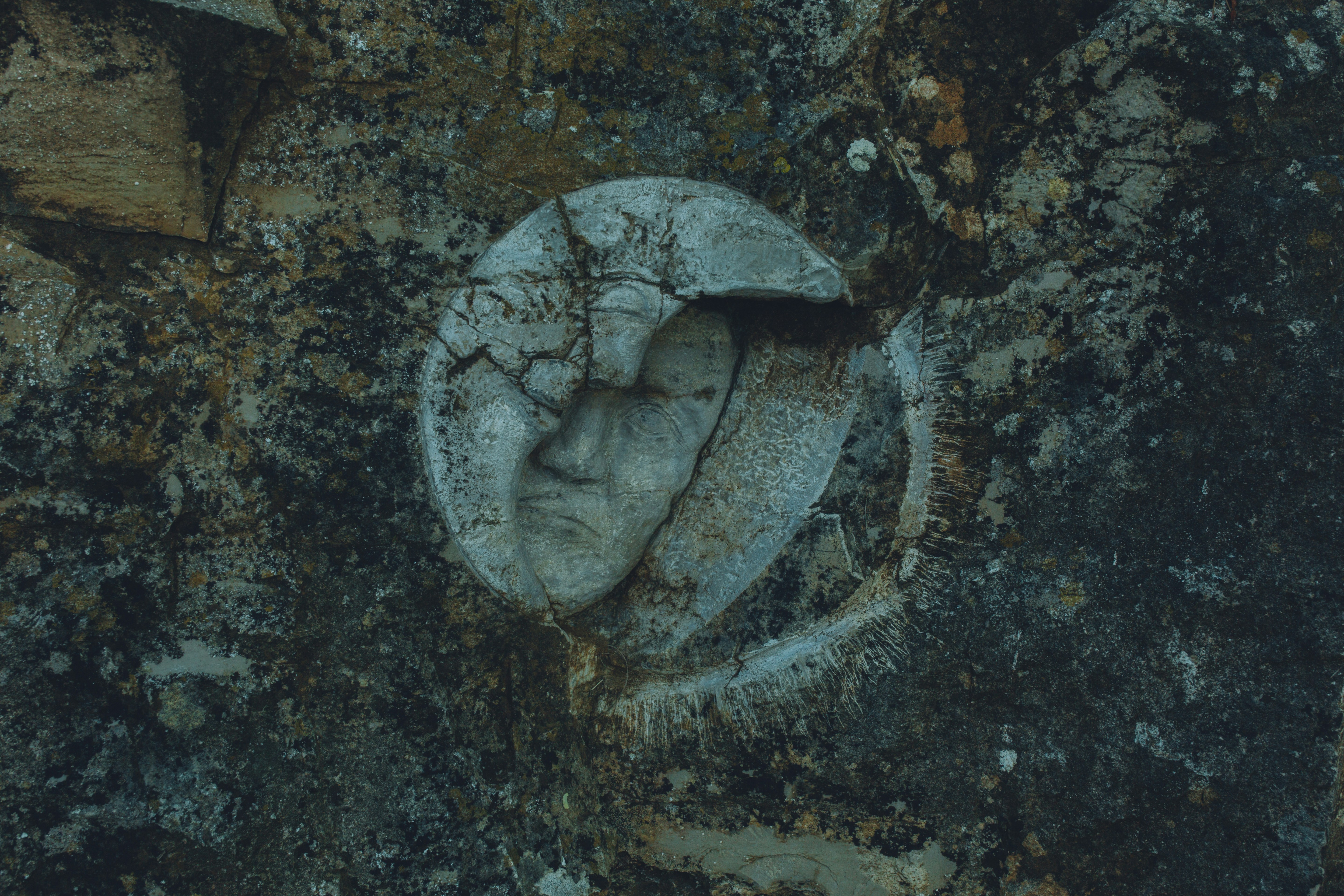 Cracked Circle Portrait: A Weathered Face Emerges from Mossy Stone