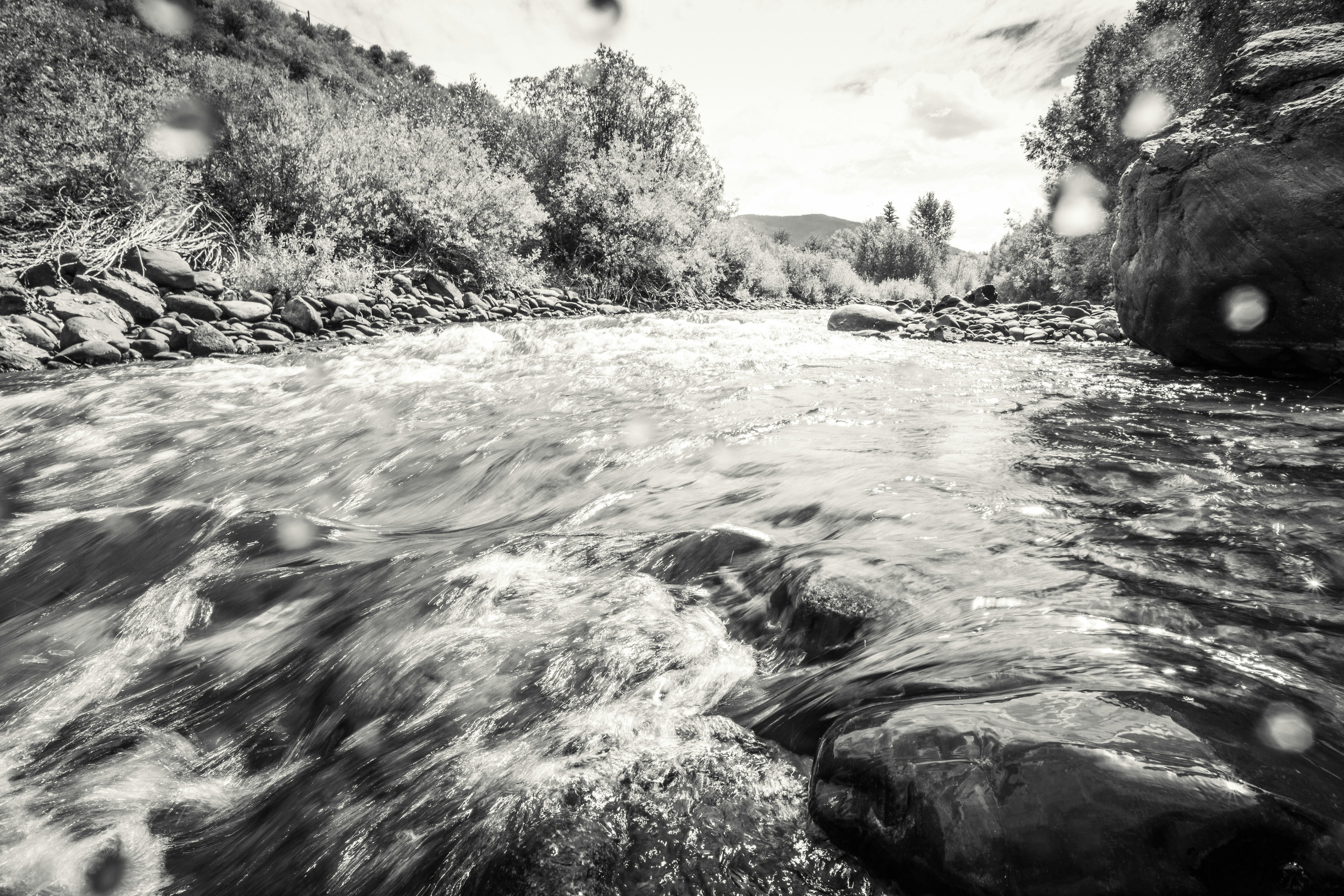 Droplet-Glazed Rapids: A Monochrome River Close-Up