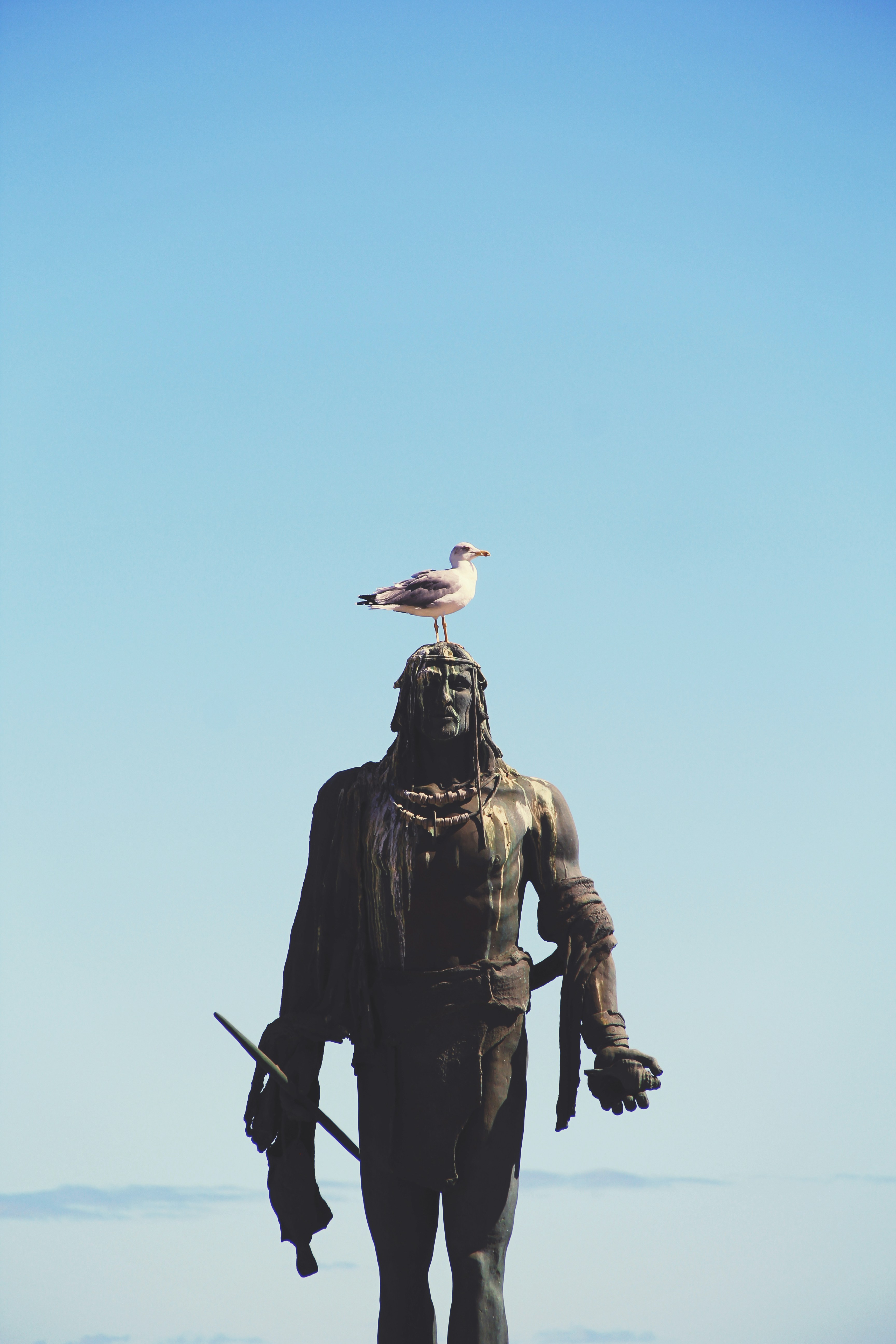 a bird sitting on top of a statue of a manFrancisco de Frias
