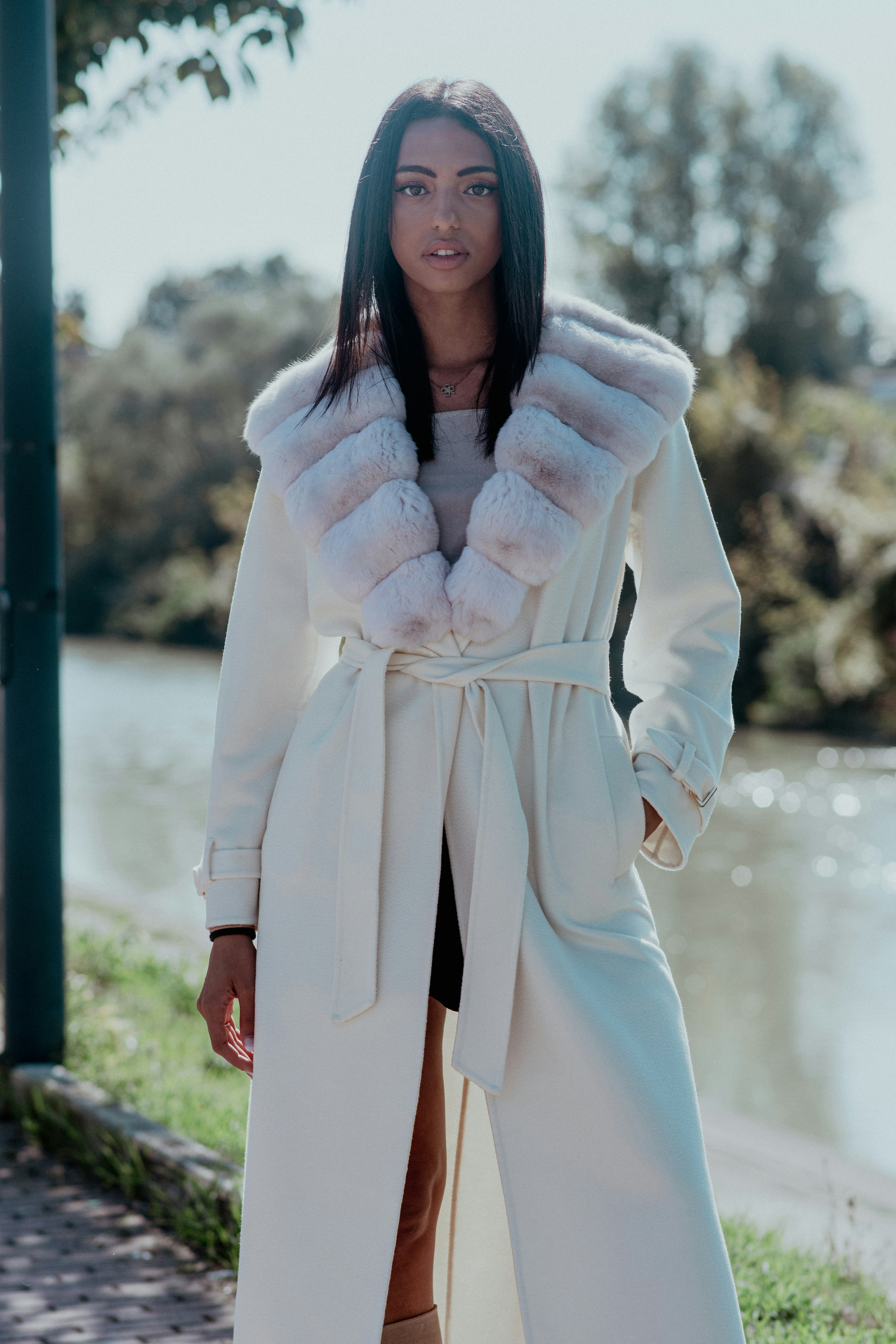Riverside Portrait in White Fur-Collar Coat