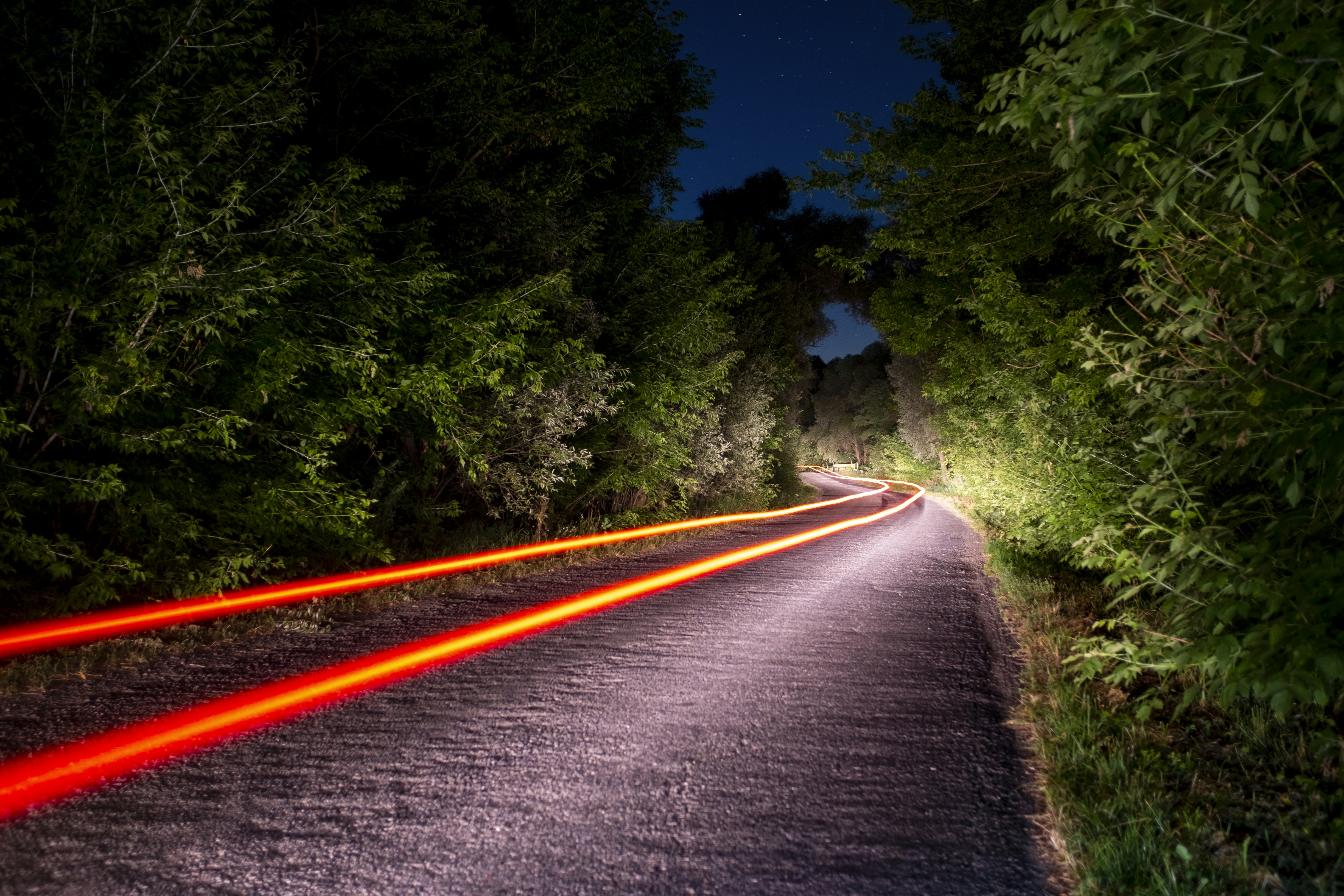 Nighttime Road with Streaking Red Lights Through a Dense Corridor