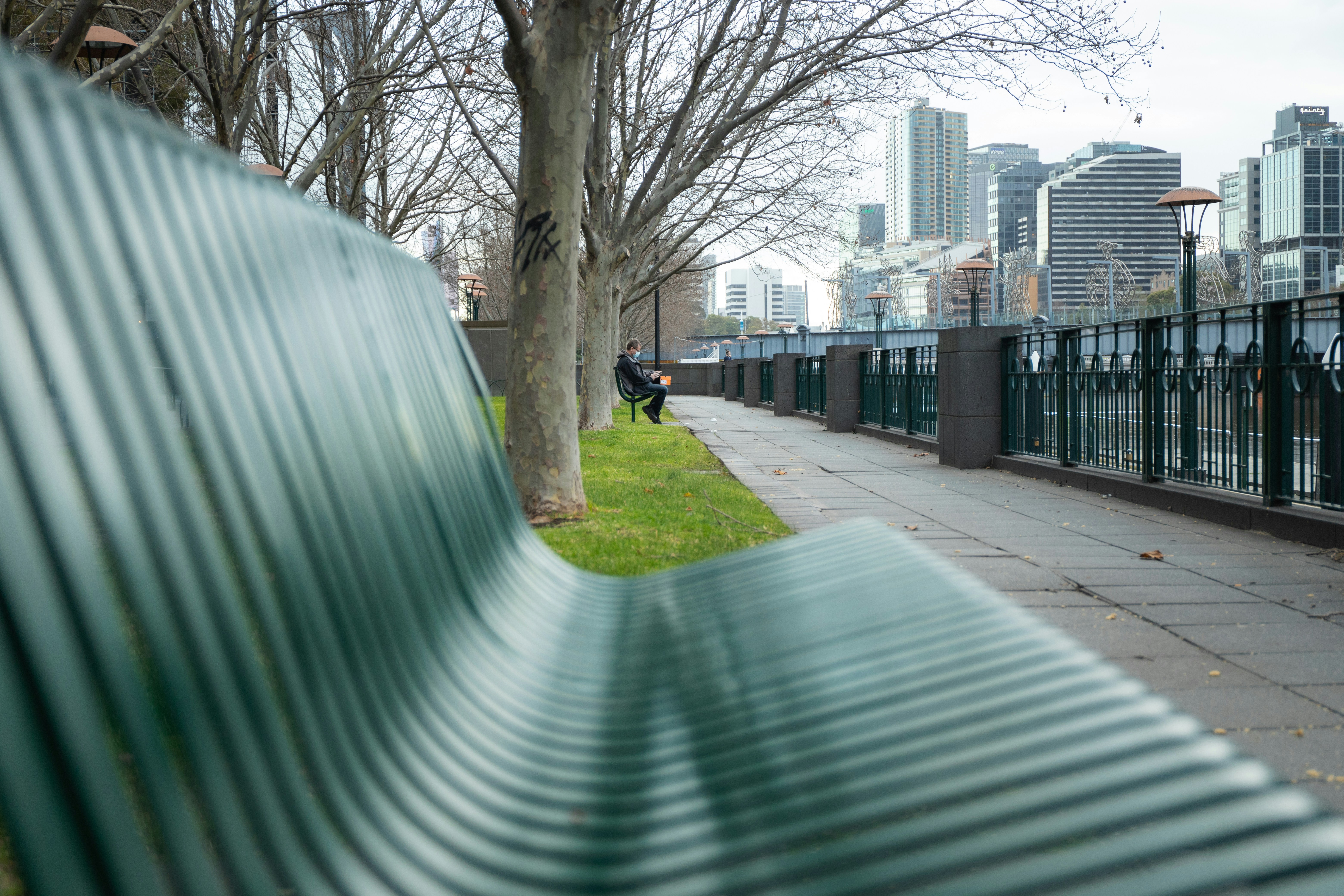 Curved Quiet: A Lone Figure Along the Waterfront Vista