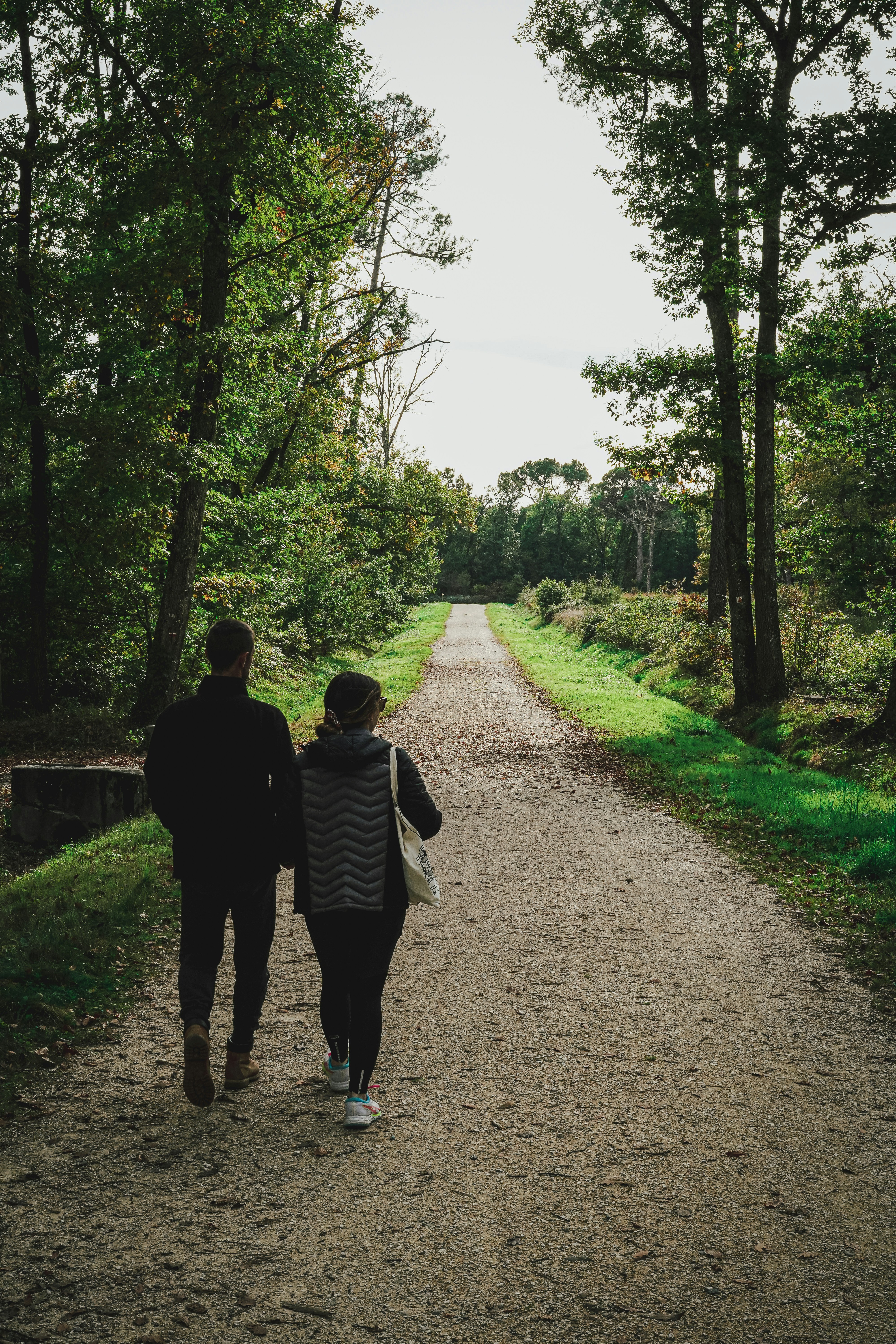 Couple walking hand-in-hand along a serene gravel path surrounded by lush trees. The tranquil setting invites a sense of peace.