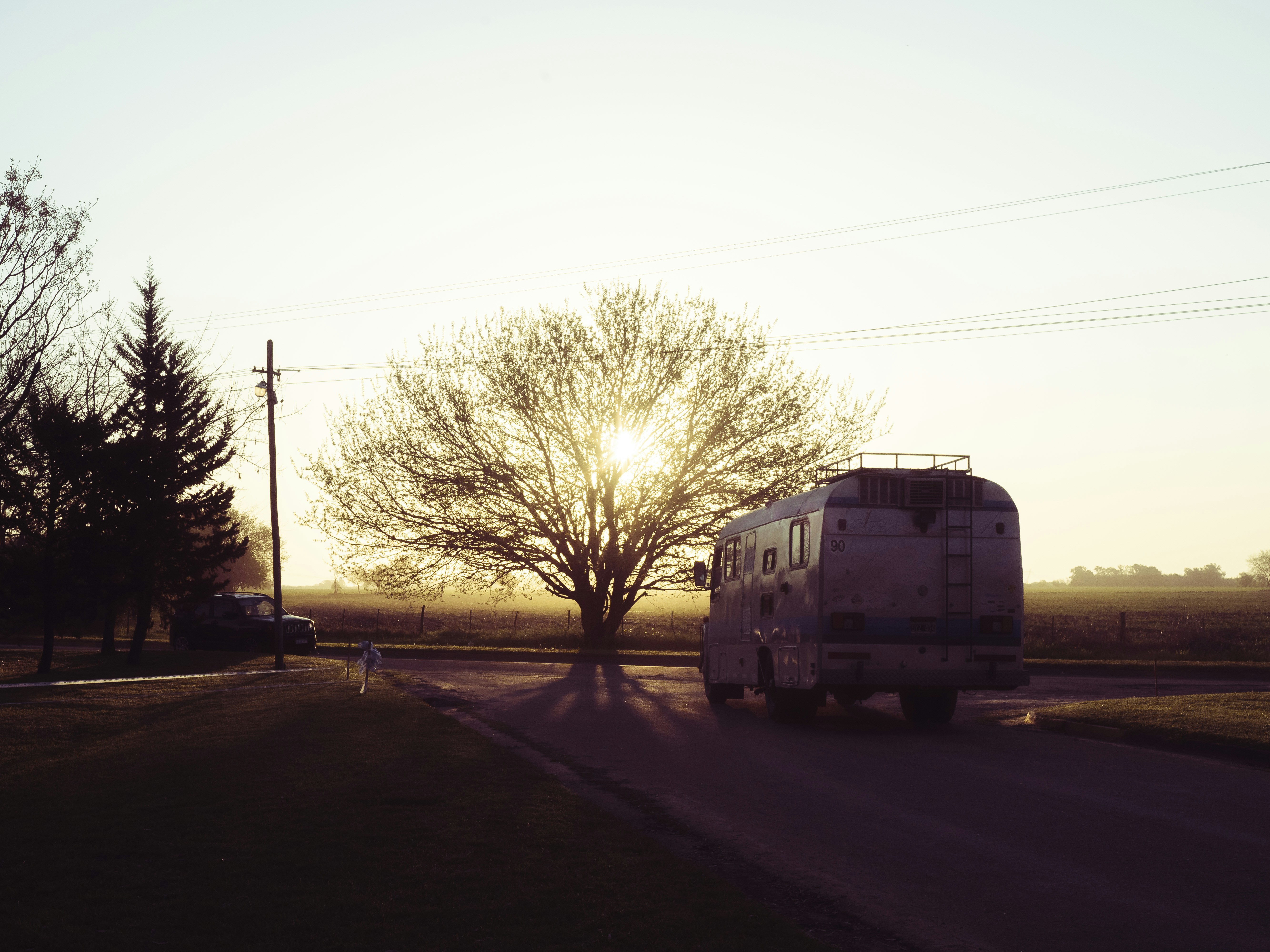 Vintage camper traveling down a rural road with a large tree silhouetted against the setting sun.