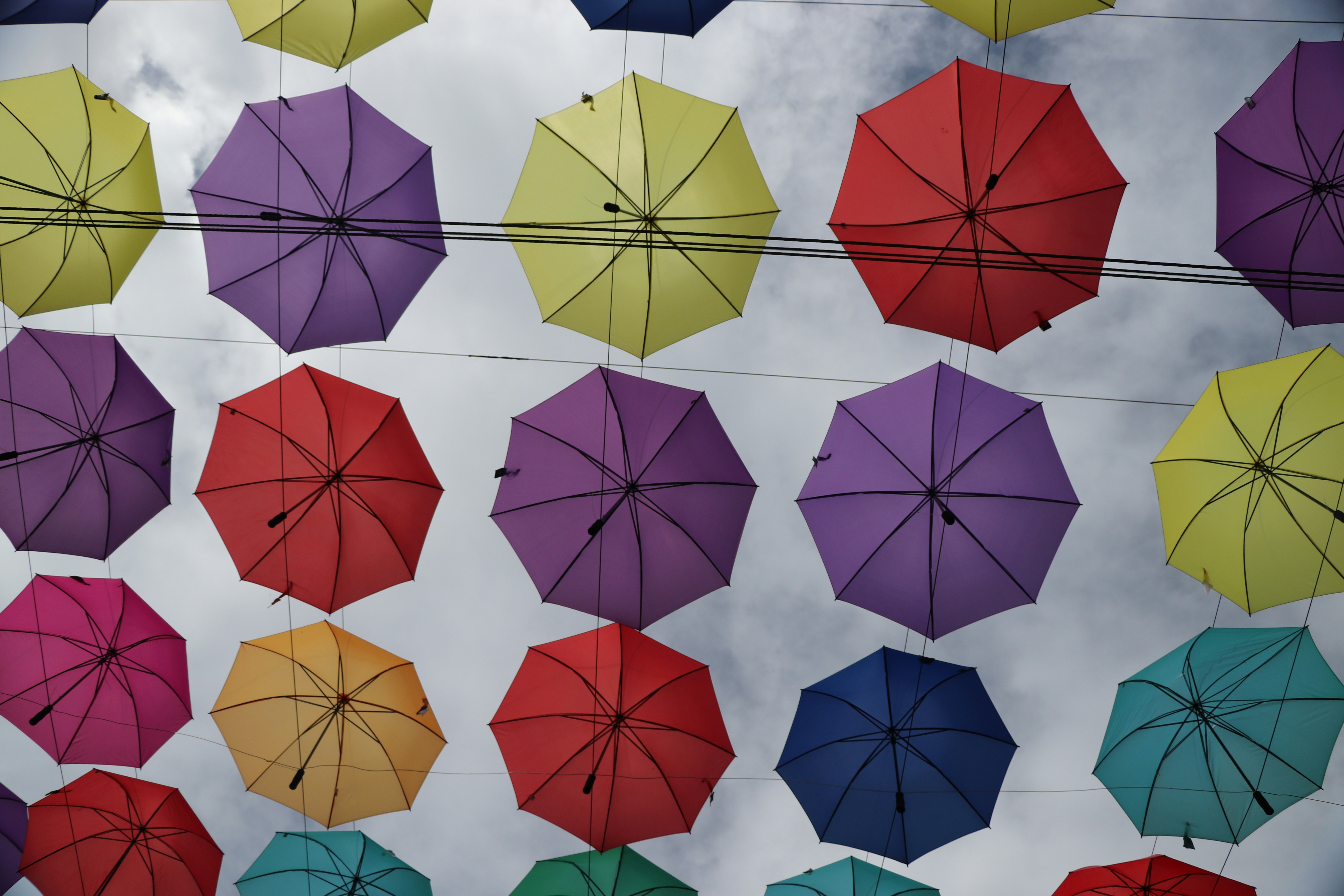 A bunch of colorful umbrellas hanging from wires photo – Free La vega ...