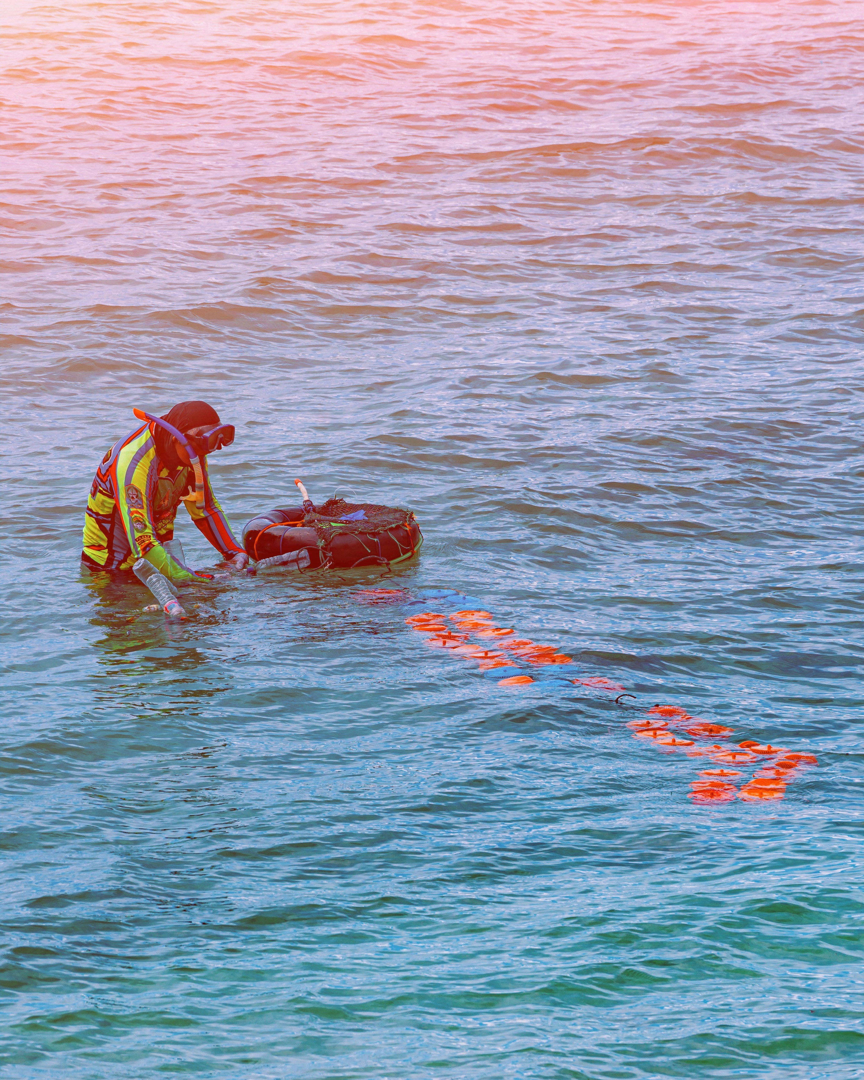man fishing on the outskirts of the sea with full equipment 
