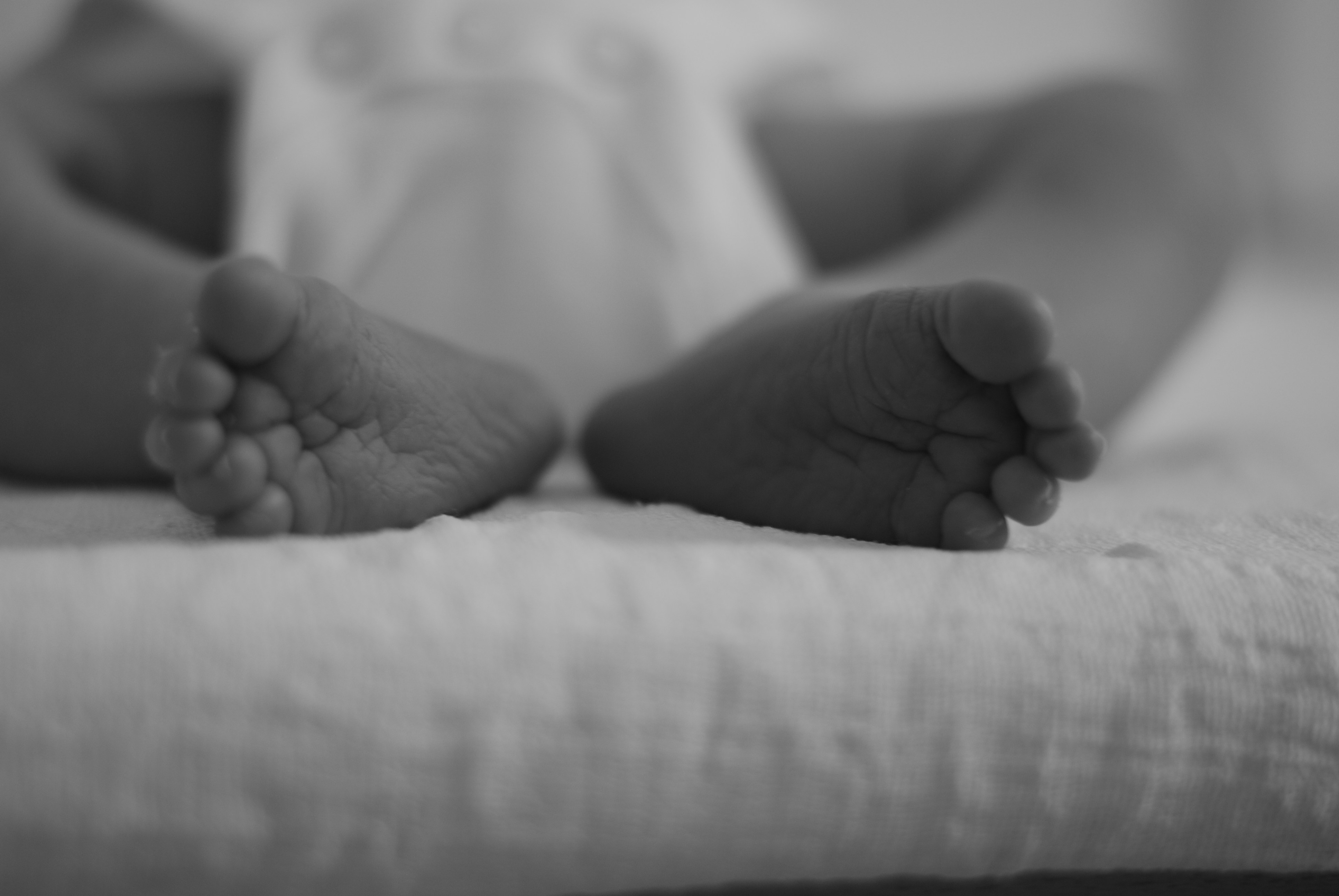Newborn baby feet in black and white.