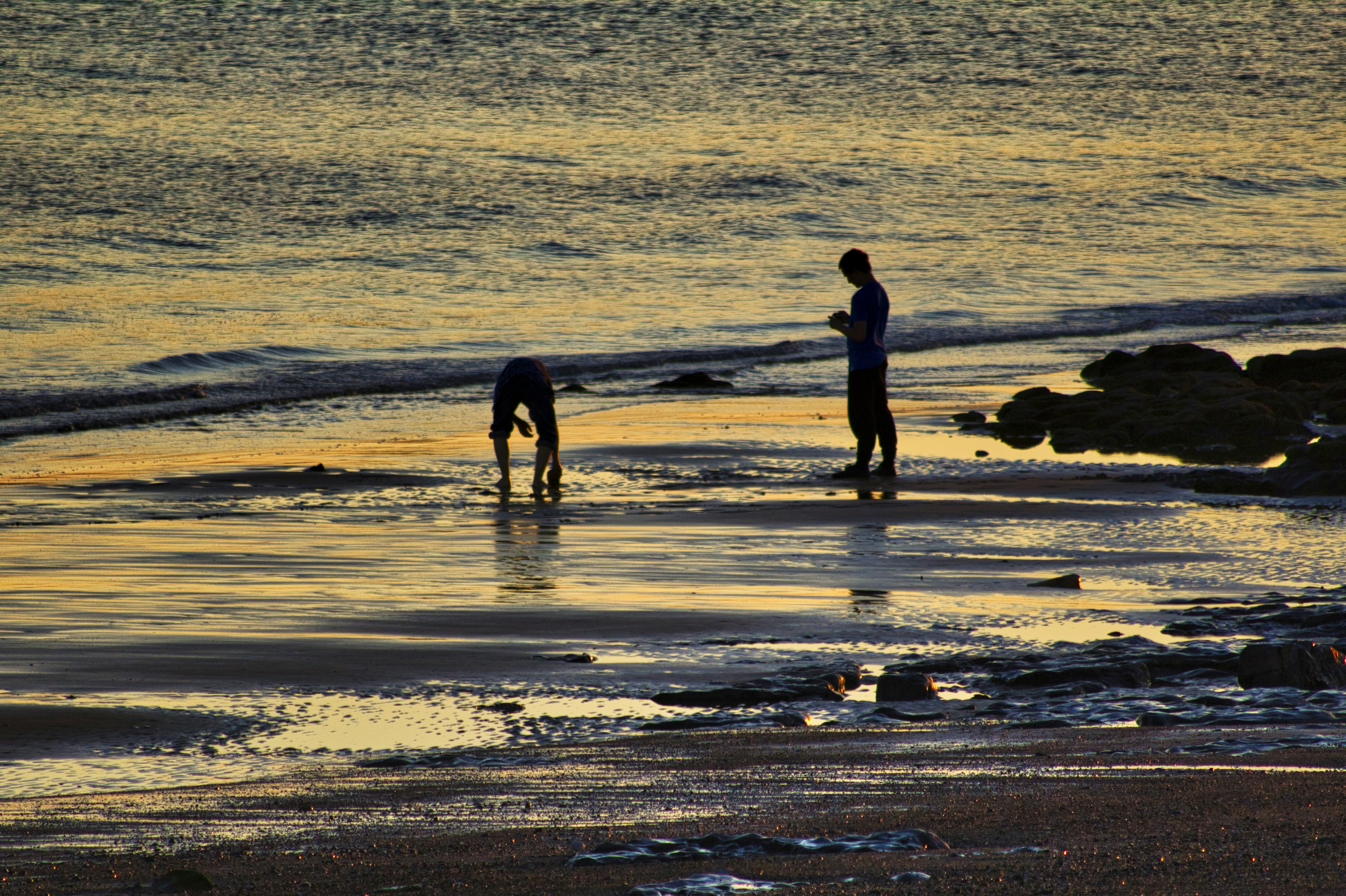 Two figures exploring the shoreline at dusk, with gentle waves reflecting warm hues of the setting sun.