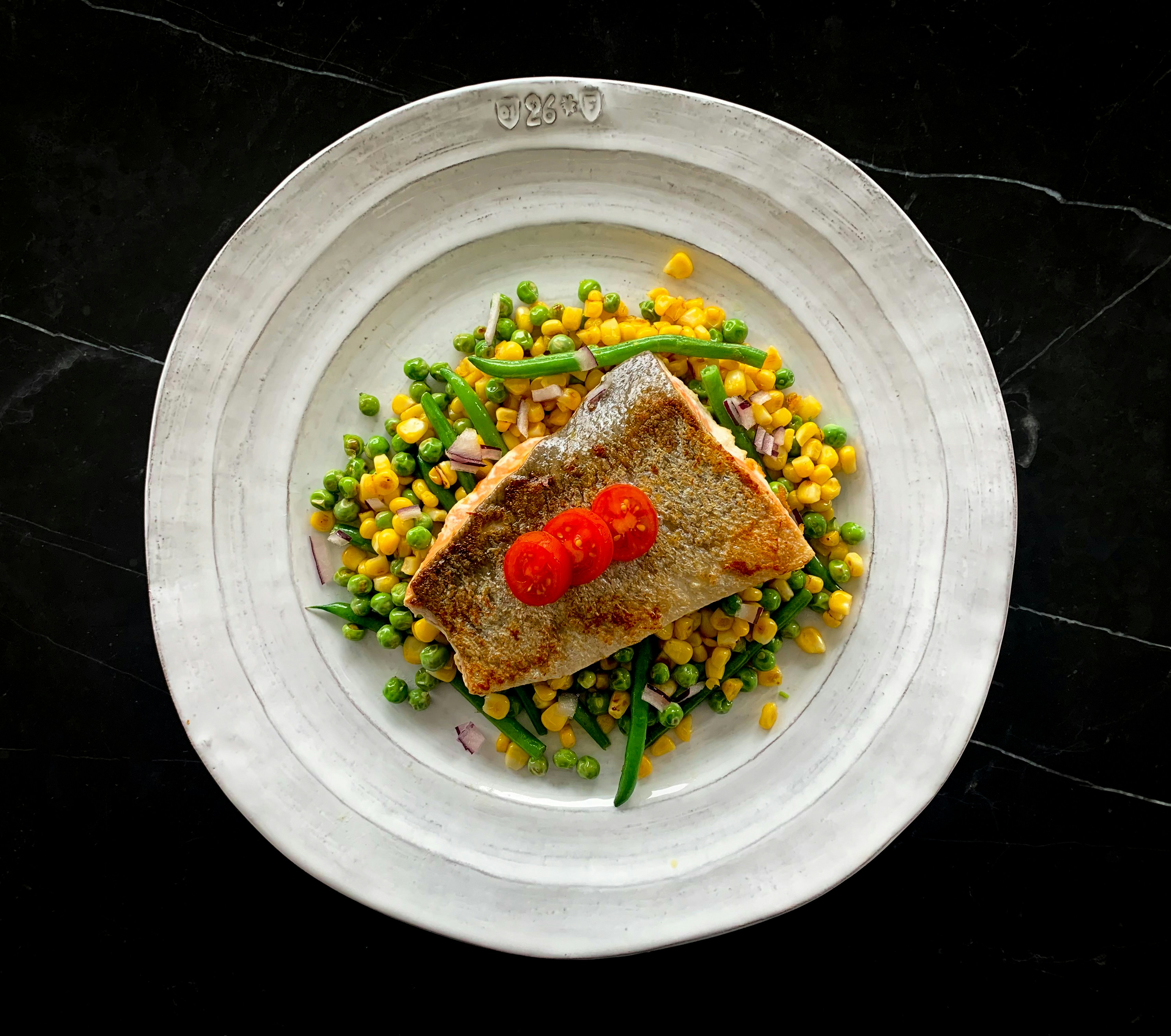 Gourmet Plate: Corn, Peas, and a Toasted Toast Highlight