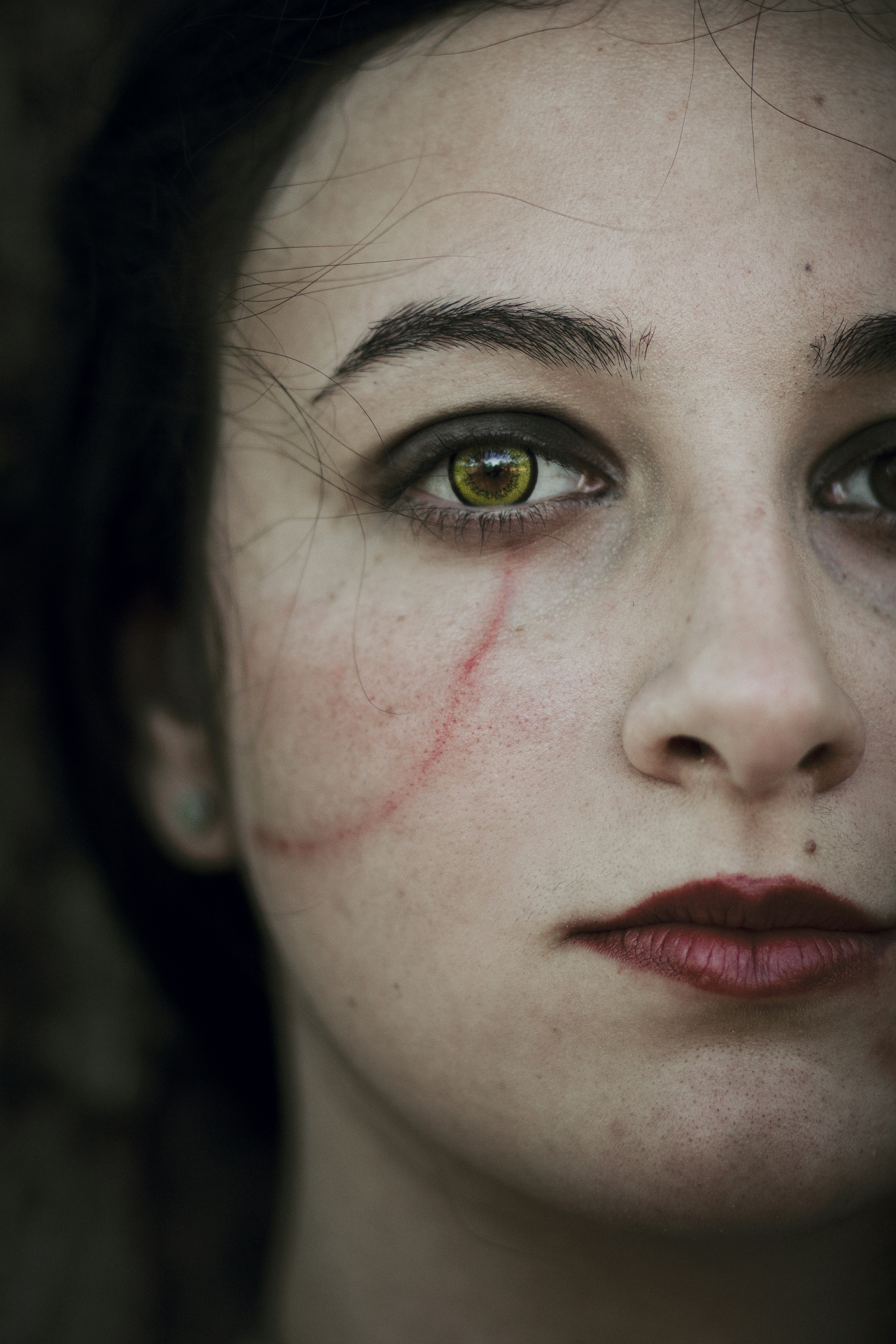 A close up of a woman's face with blood on her cheek photo – Free Elf ...