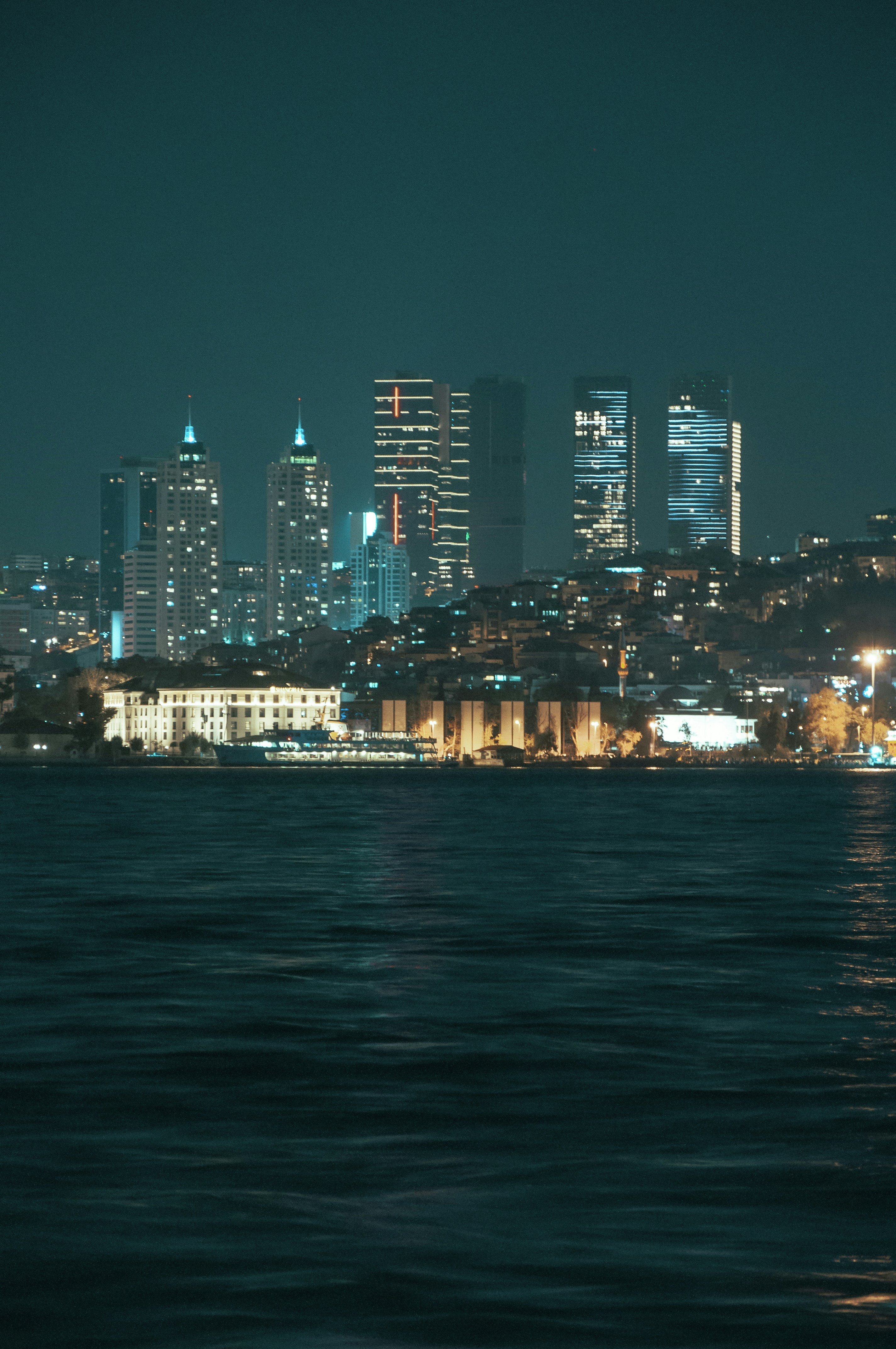 a large body of water with a city in the background
