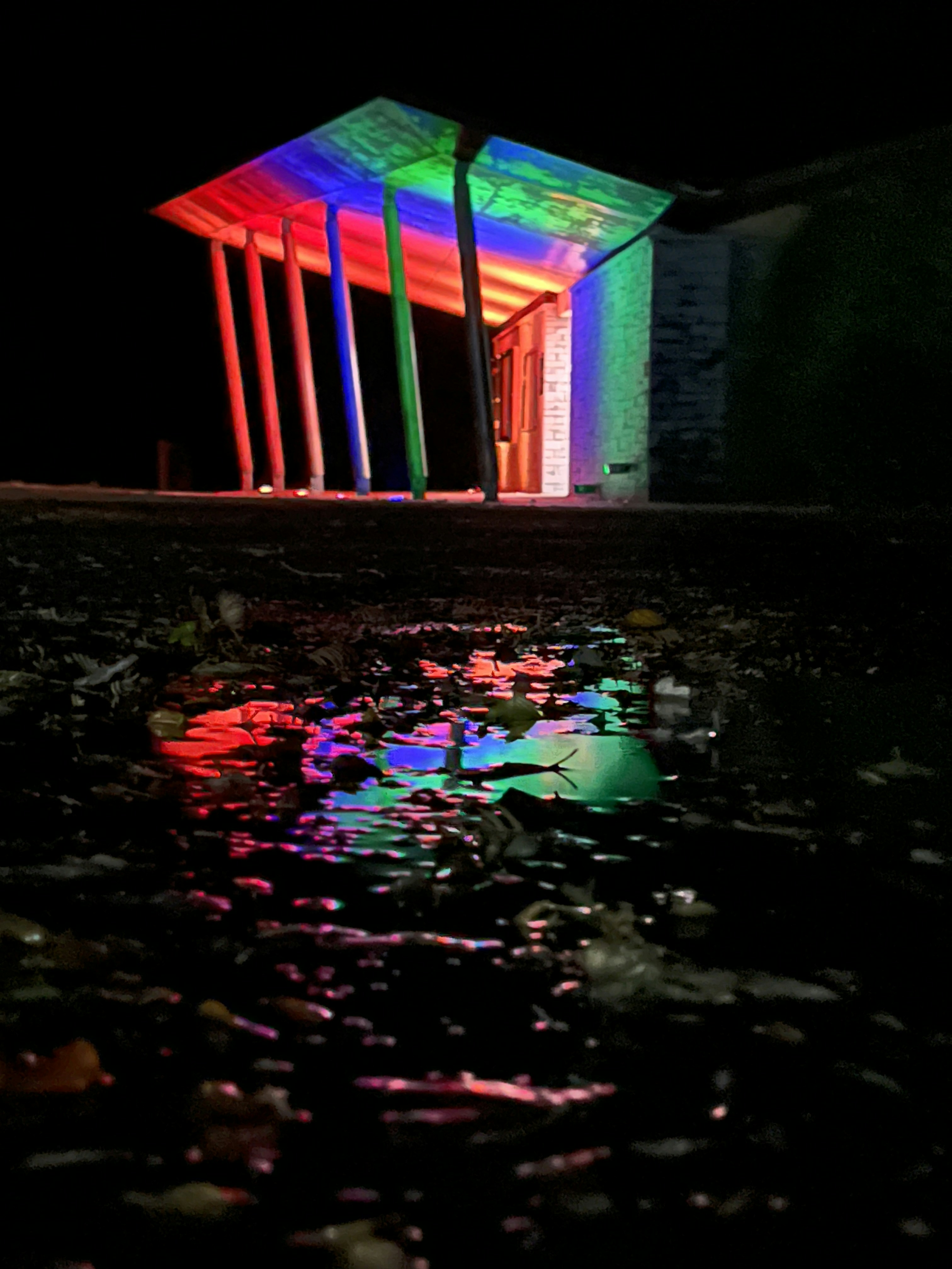 Prismatic Pavilion: Neon Columns Cast Across a Moonlit Puddle