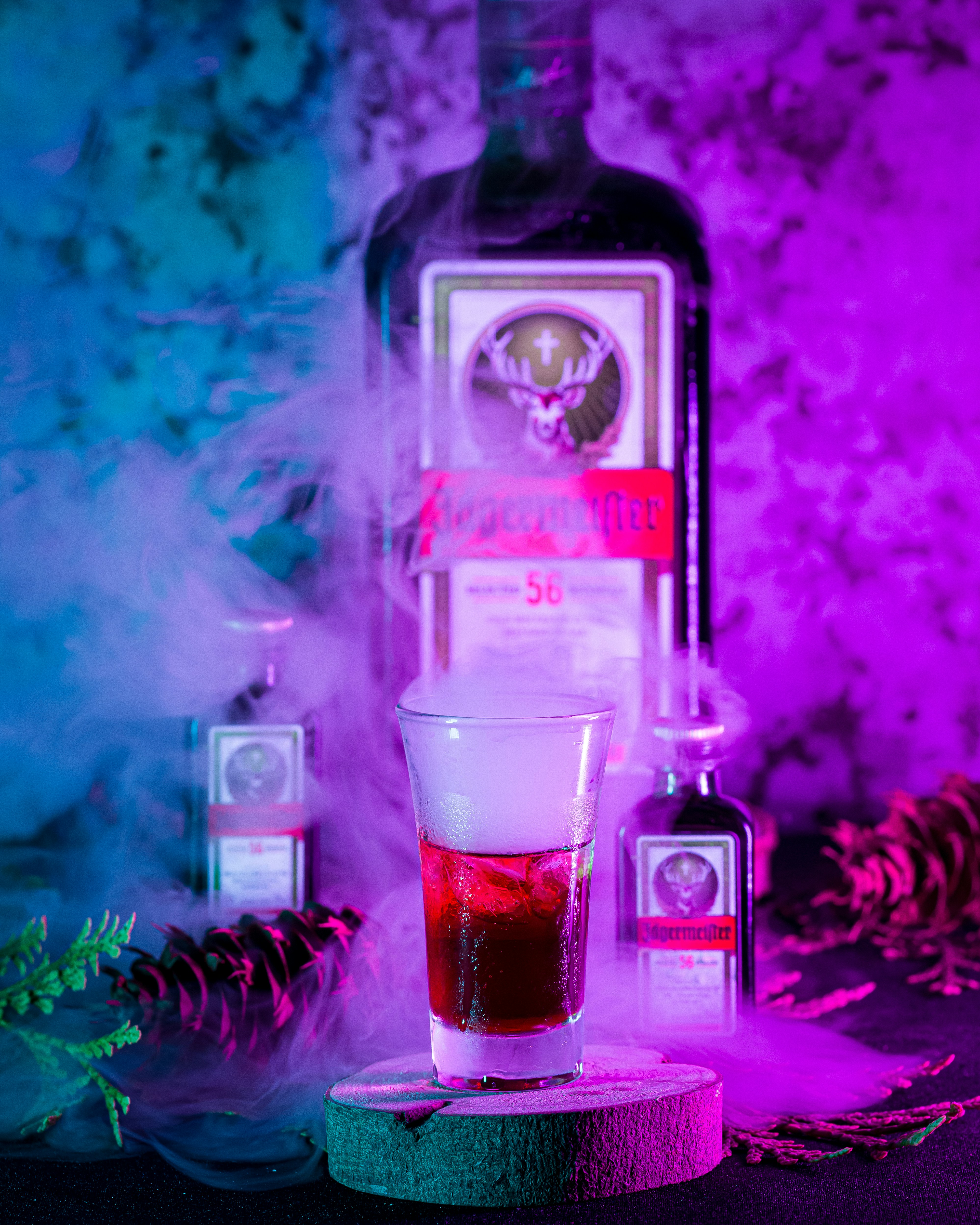 Neon-tinted Nightcap: A Glass on the Wooden Pedestal