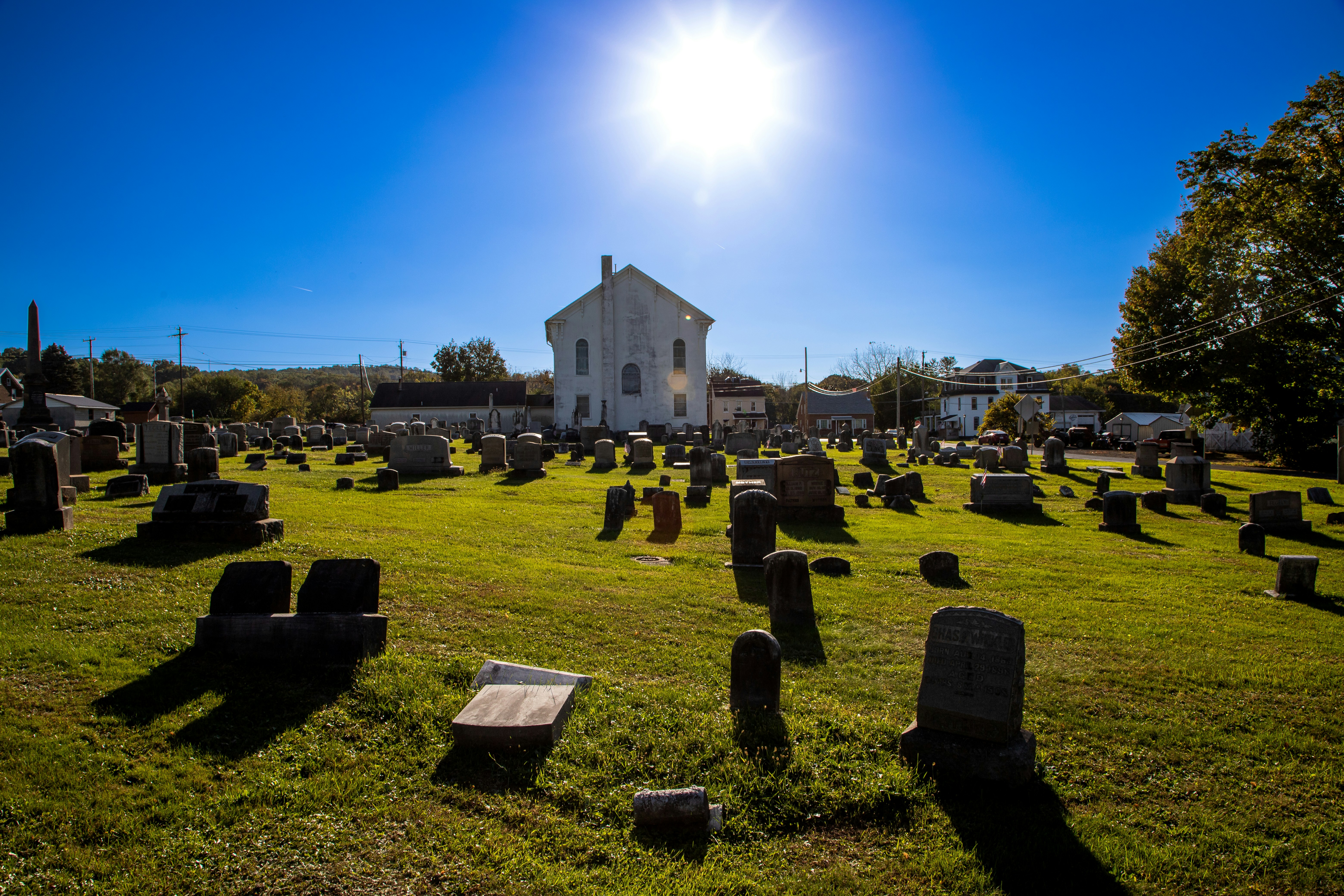 Sunset behind church cemetery in Mertztown Pennsylvania.