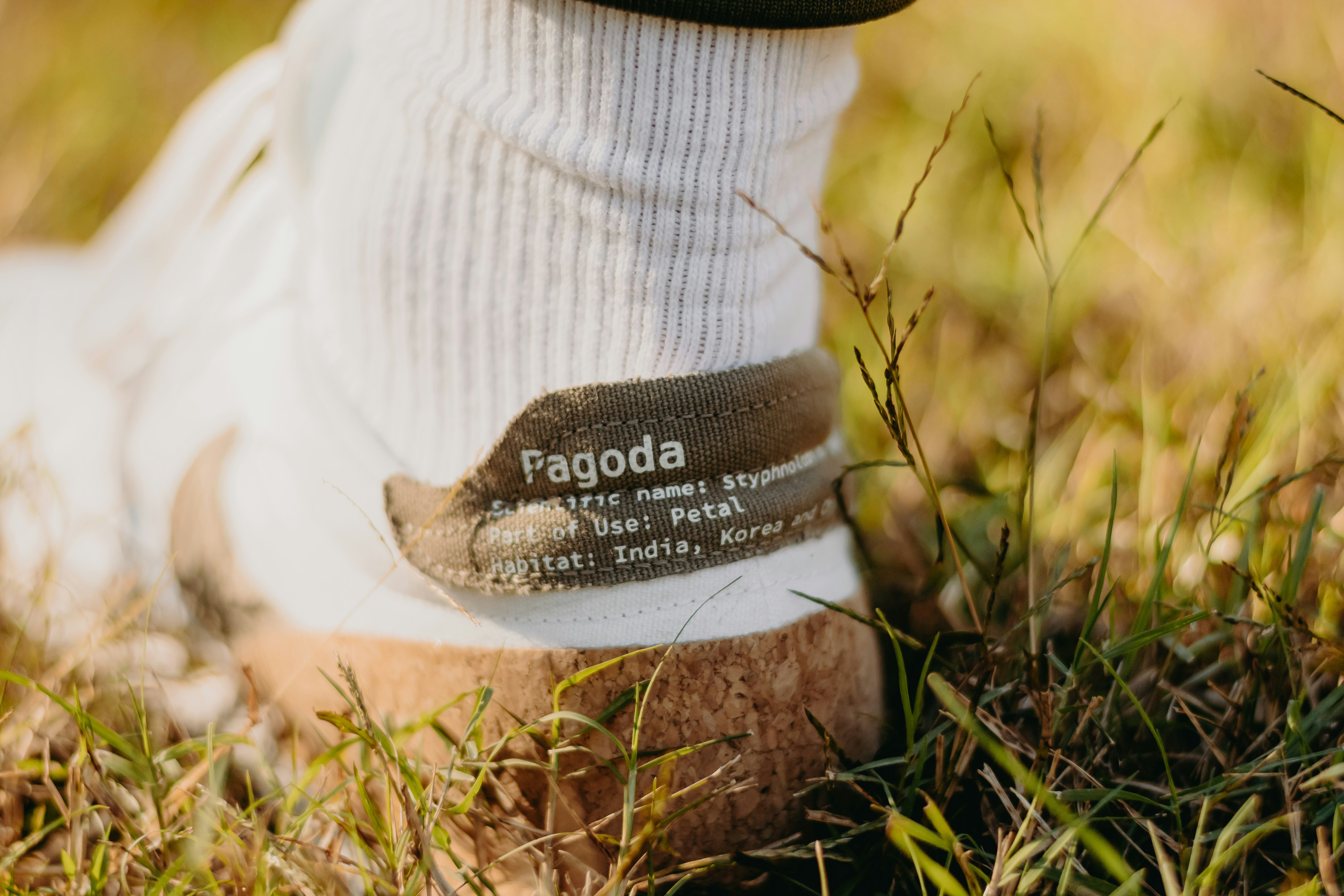 Close-up of a sneaker resting on grass, featuring a visible label detailing its name and origin. The scene highlights the connection between footwear and nature.