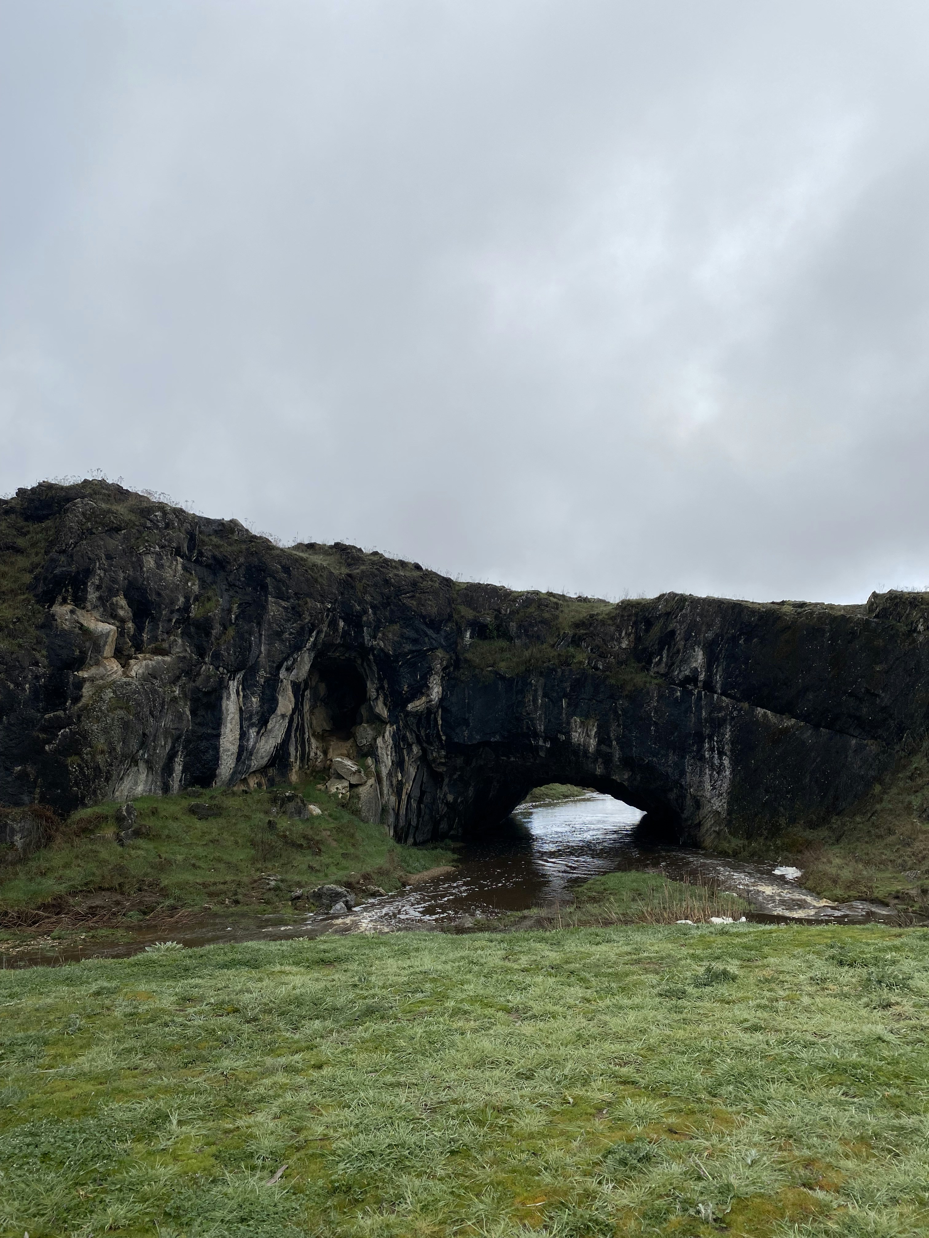 a stone bridge over a stream in a grassy field