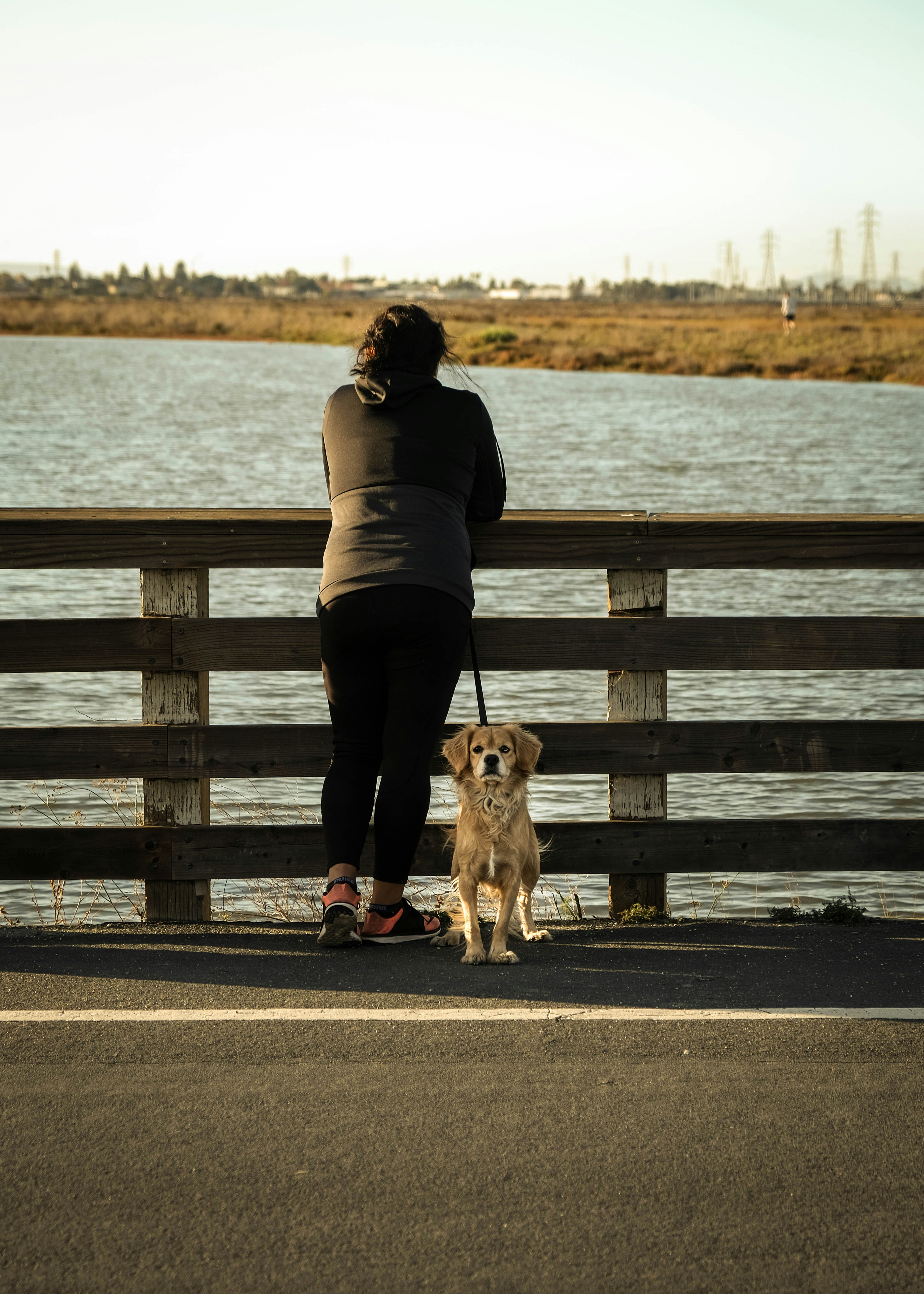 Person leaning against a wooden railing beside a serene body of water, accompanied by a golden retriever. The scene captures a moment of tranquility in nature.