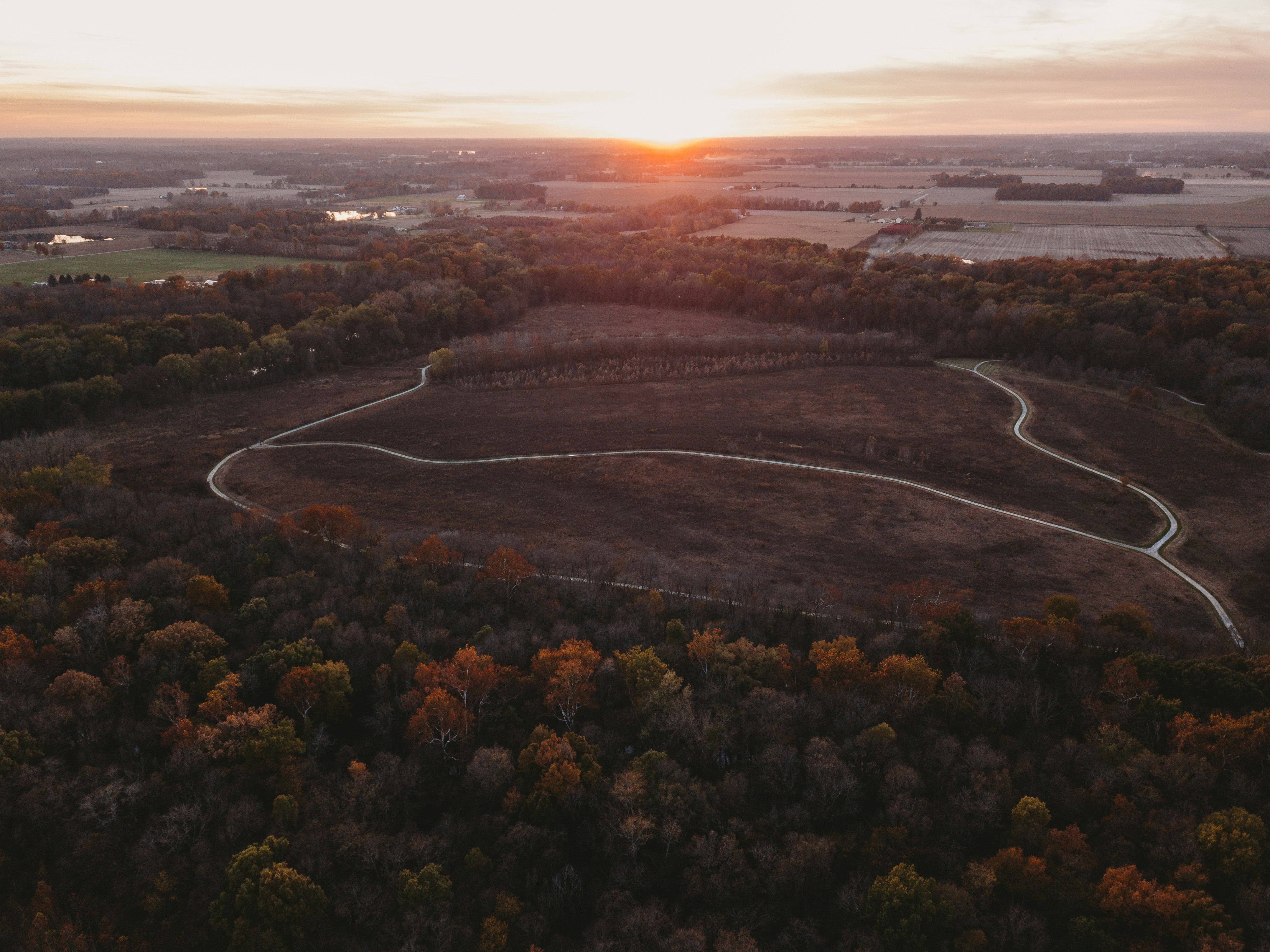 An aerial view of a dirt road in the middle of a forest photo – Free ...
