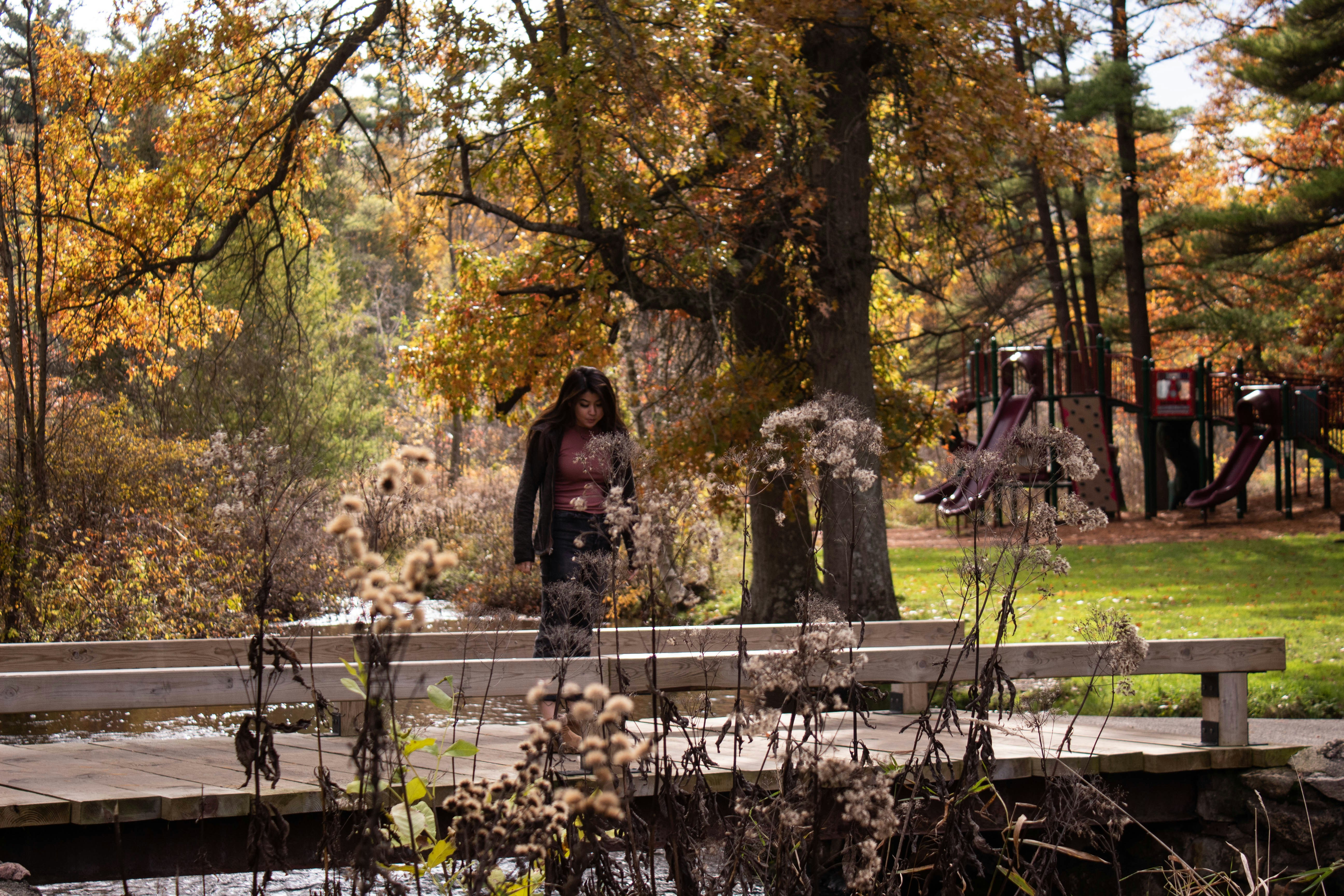 Woman walking on a wooden bridge surrounded by vibrant autumn foliage under a clear sky.