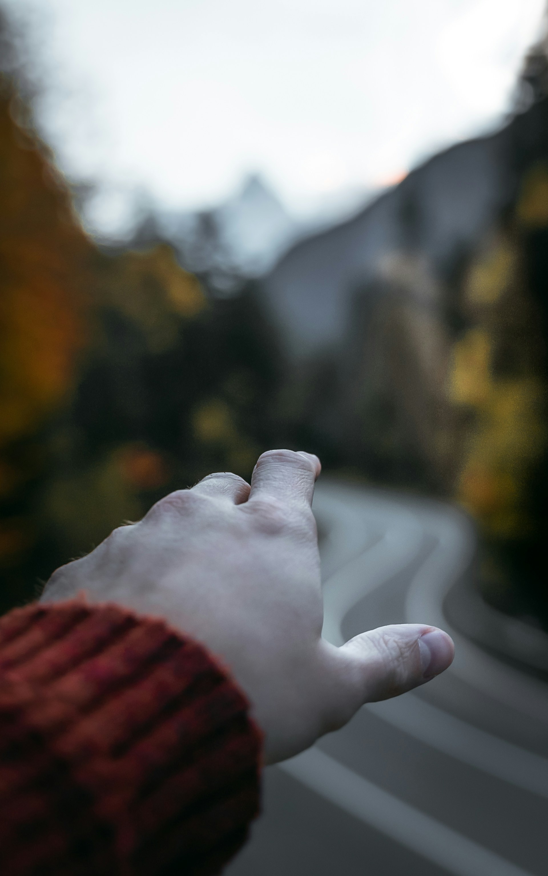 Outstretched Hand on a Winding Autumn Road, Focused Forward