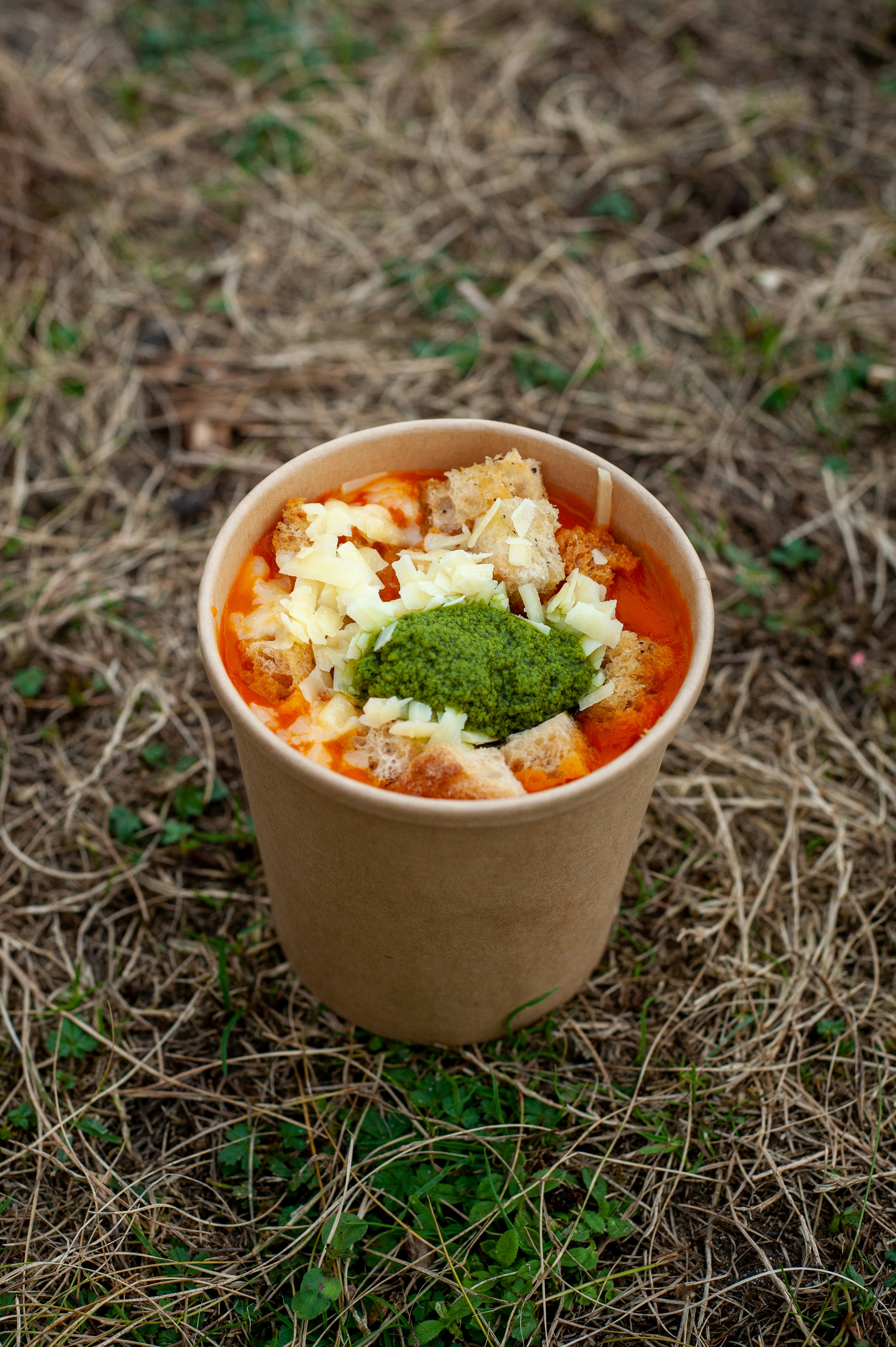 A cardboard cup filled with vibrant soup topped with cheese, croutons, and a dollop of green pesto, resting on a grassy surface.