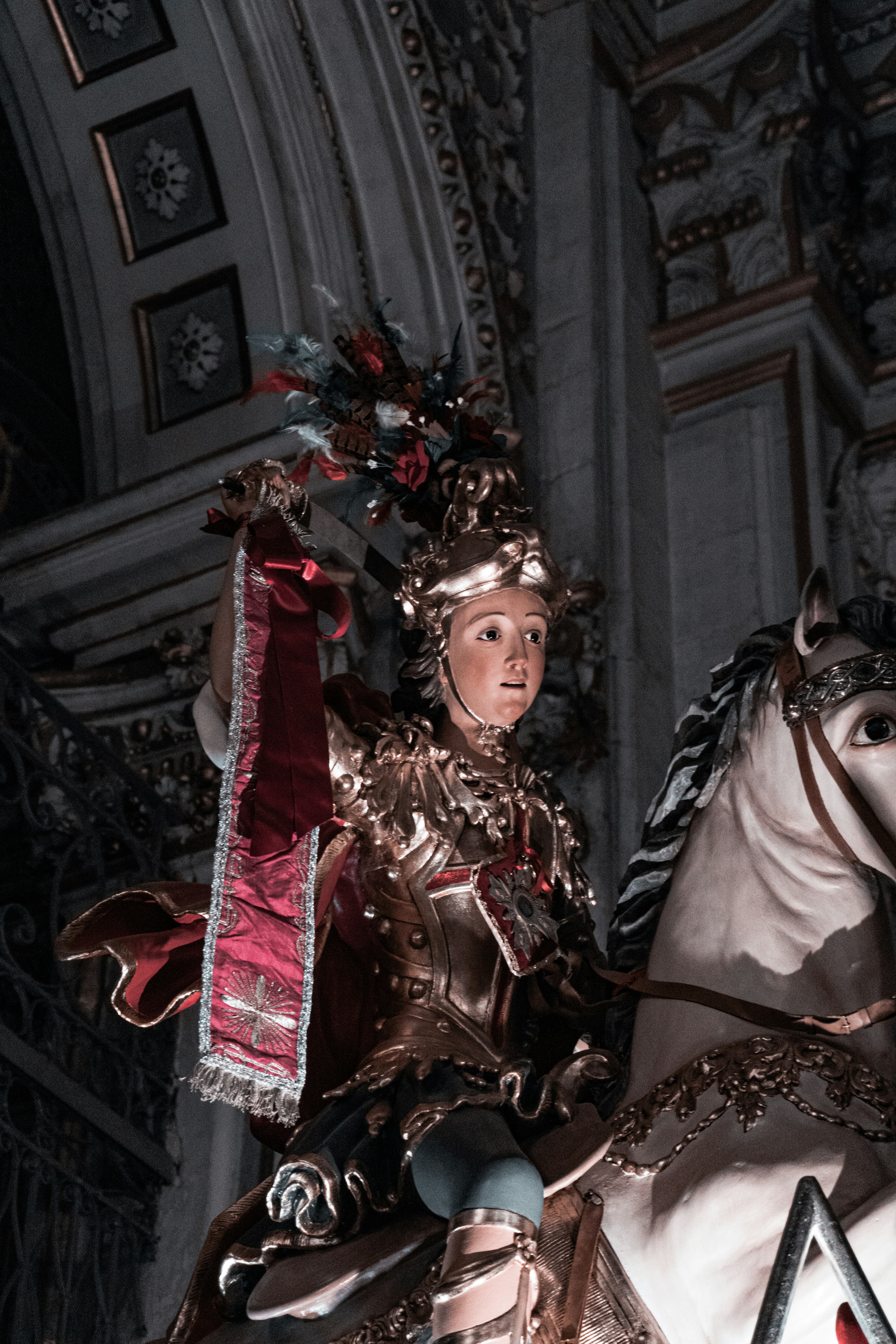 Golden Rider on a Silver Steed: A Ceremonial Queen Beneath Vaulted Carvings