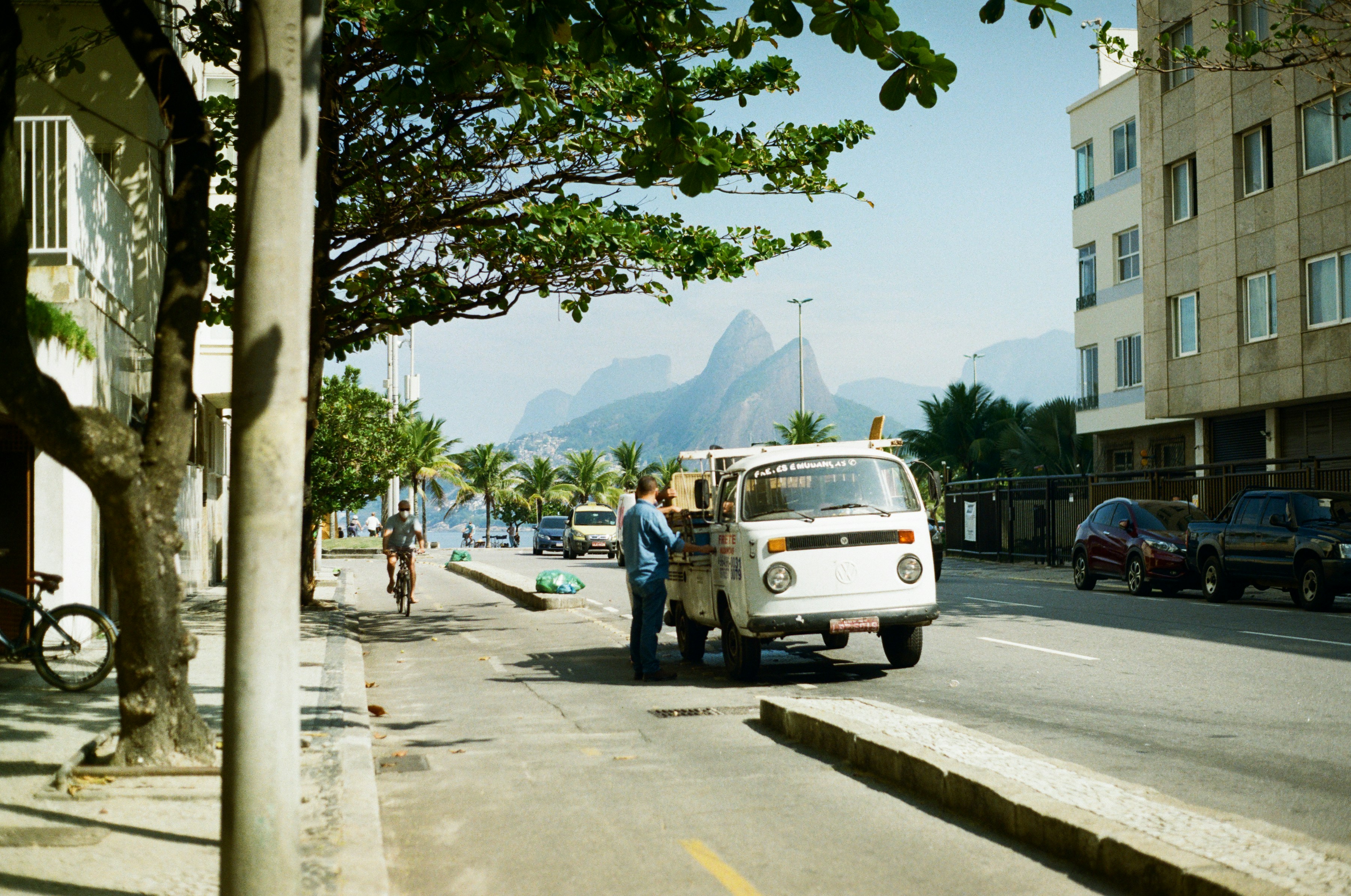 Vintage van on a sunlit street framed by palm trees, with distant mountain silhouettes on the horizon.