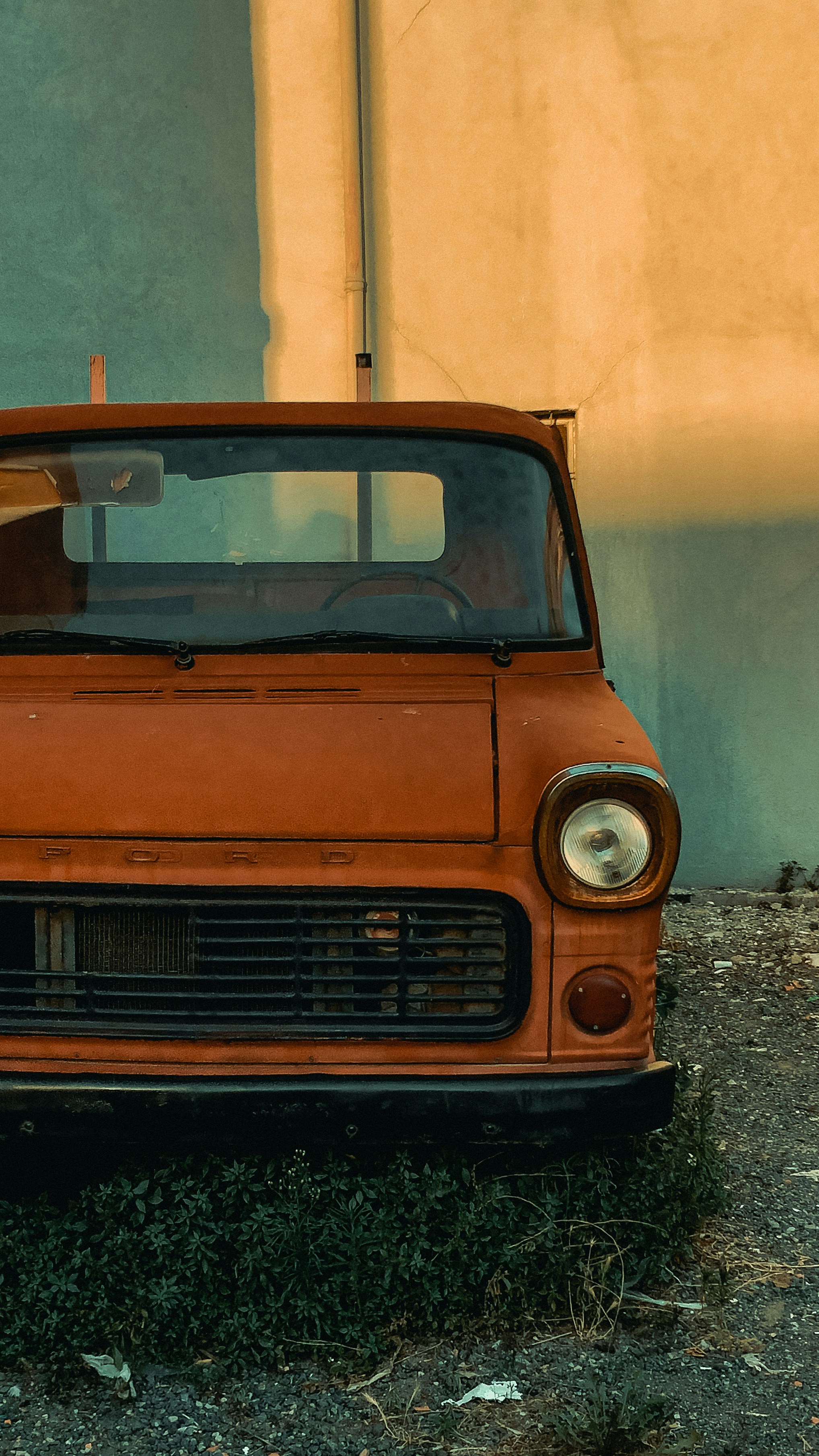 An abandoned orange Ford truck partially overgrown with grass, set against a softly lit wall, showcasing its vintage charm.