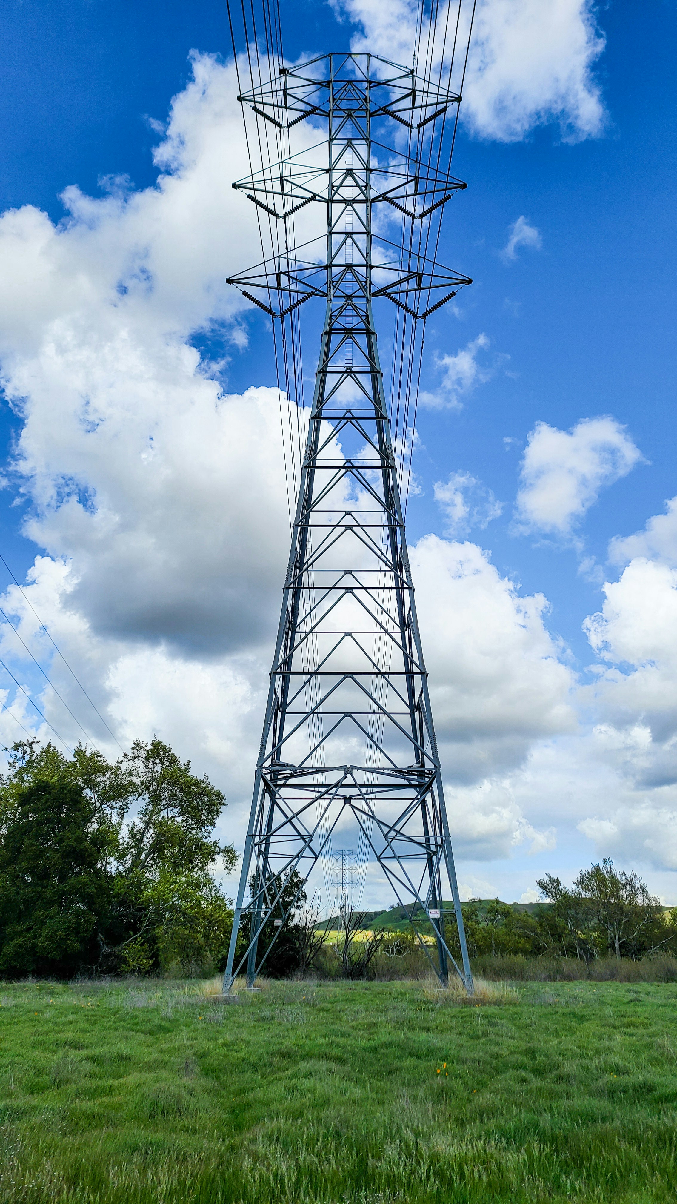 a tall metal tower sitting on top of a lush green field