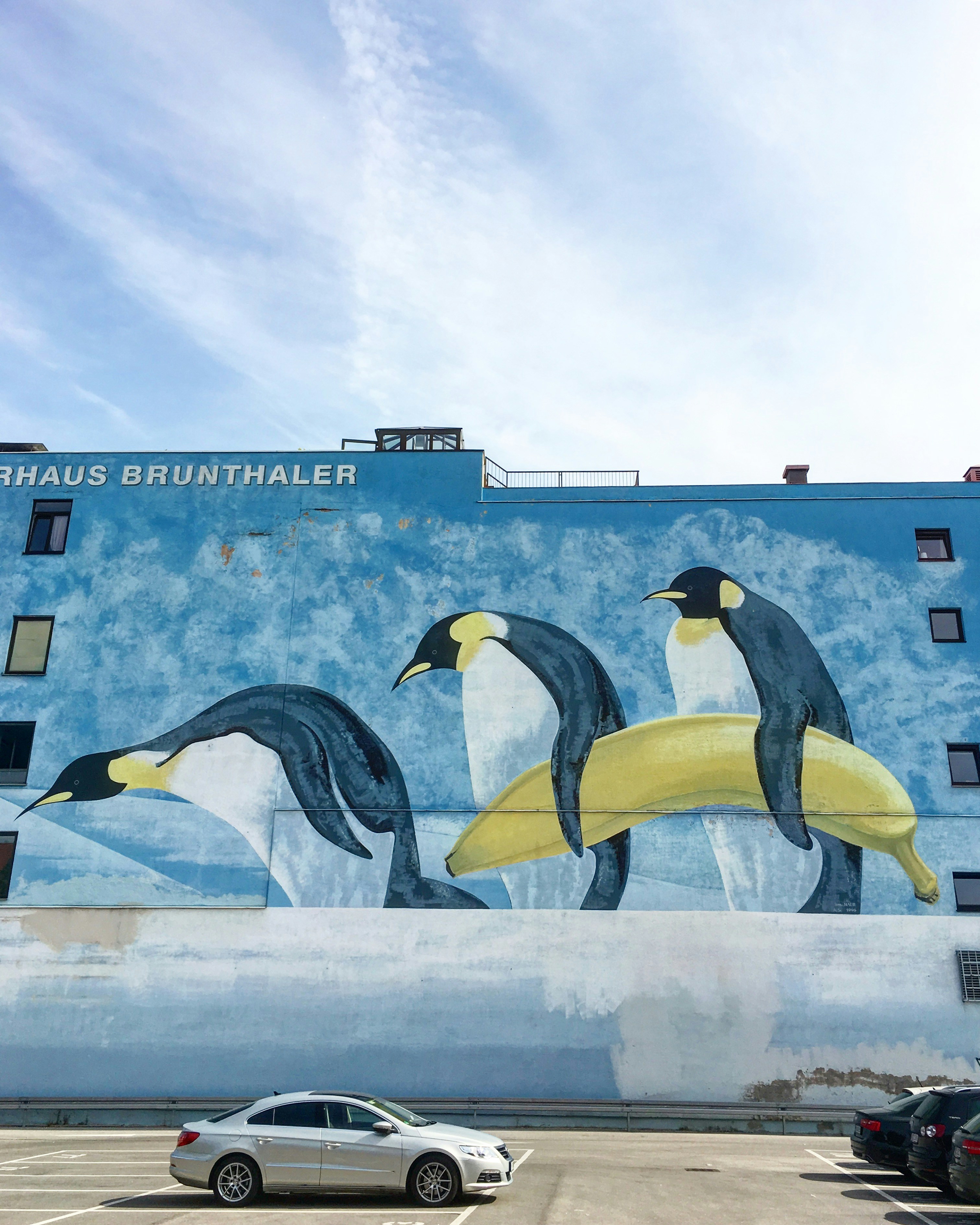 A mural on the side of a building depicting penguins photo – Free ...