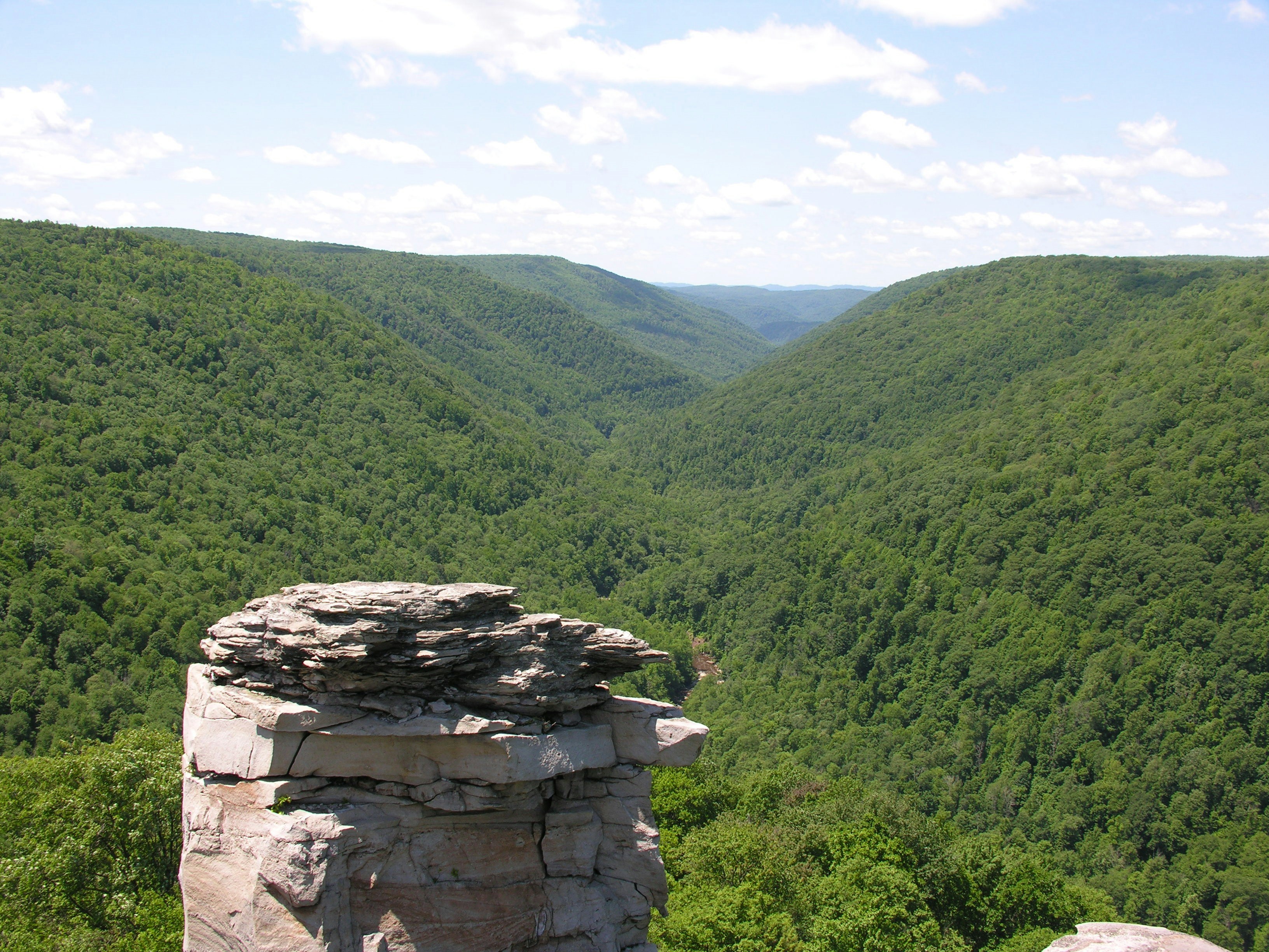 Rocky outcrop overlooking a lush green valley under a bright blue sky.