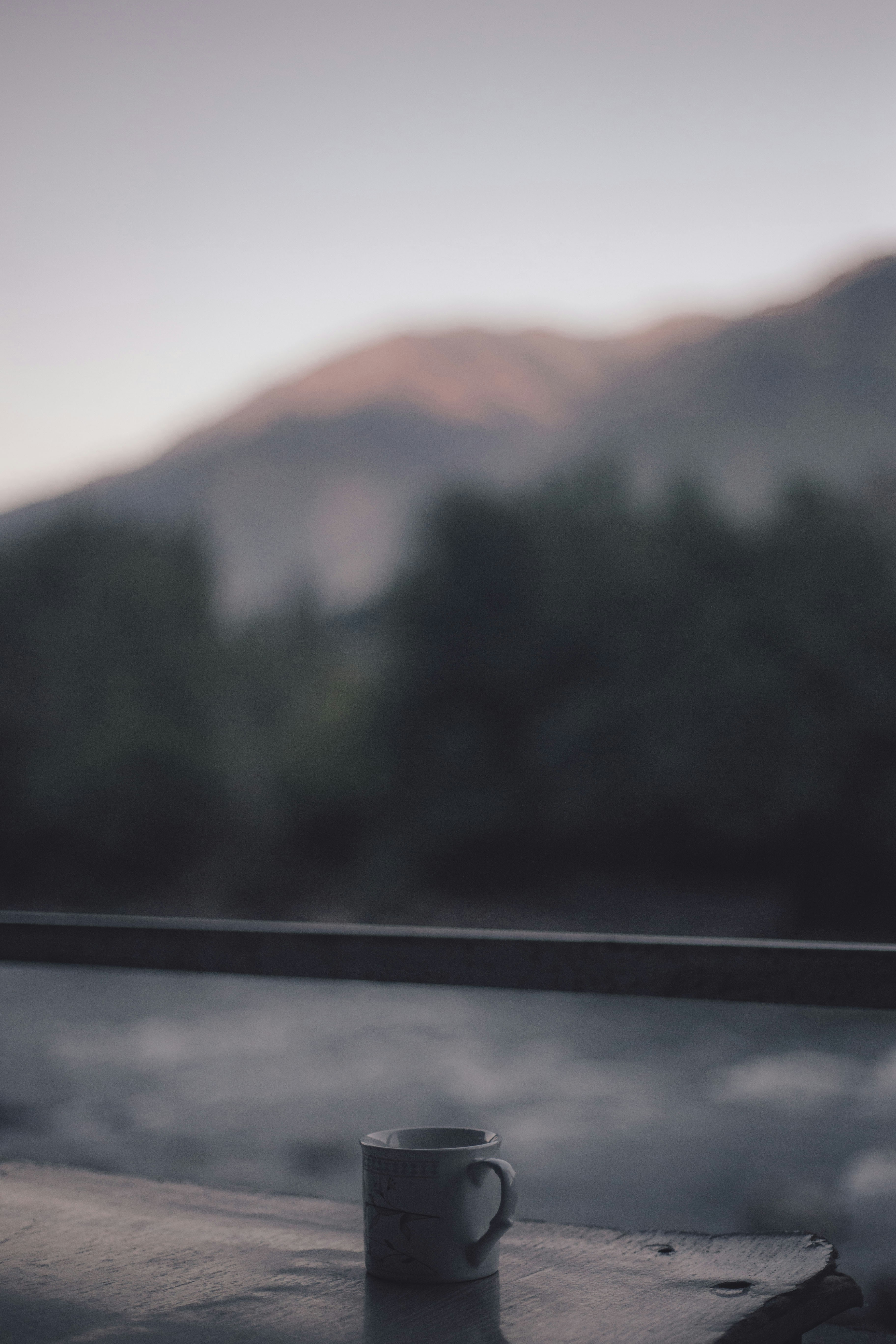 Dusk Mug on a Quiet Rail as Mist Shrouds the Mountain Span