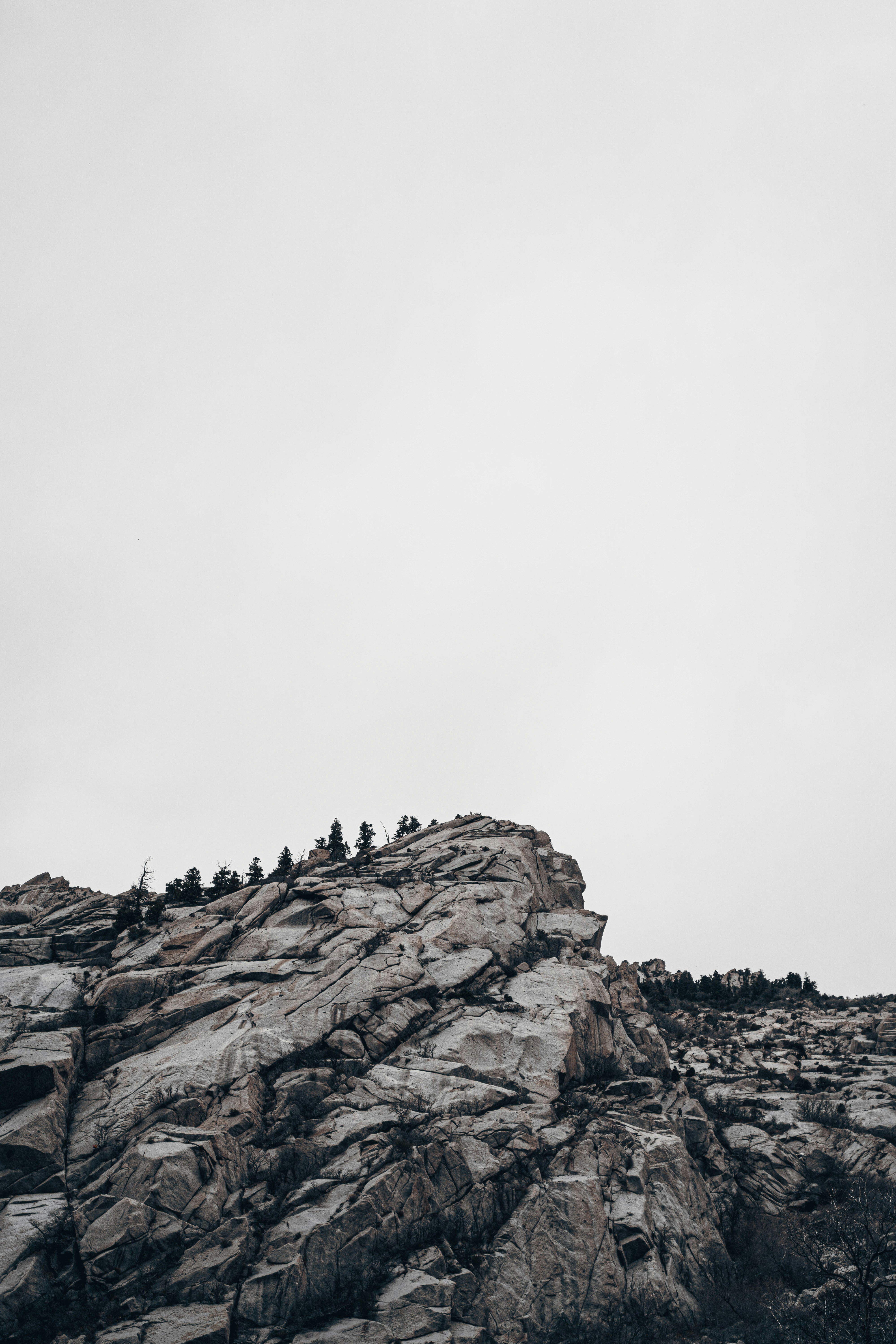 A rugged mountain peak rises against a muted sky, showcasing the interplay of stone and foliage in a serene landscape. The scene evokes a sense of quiet strength.