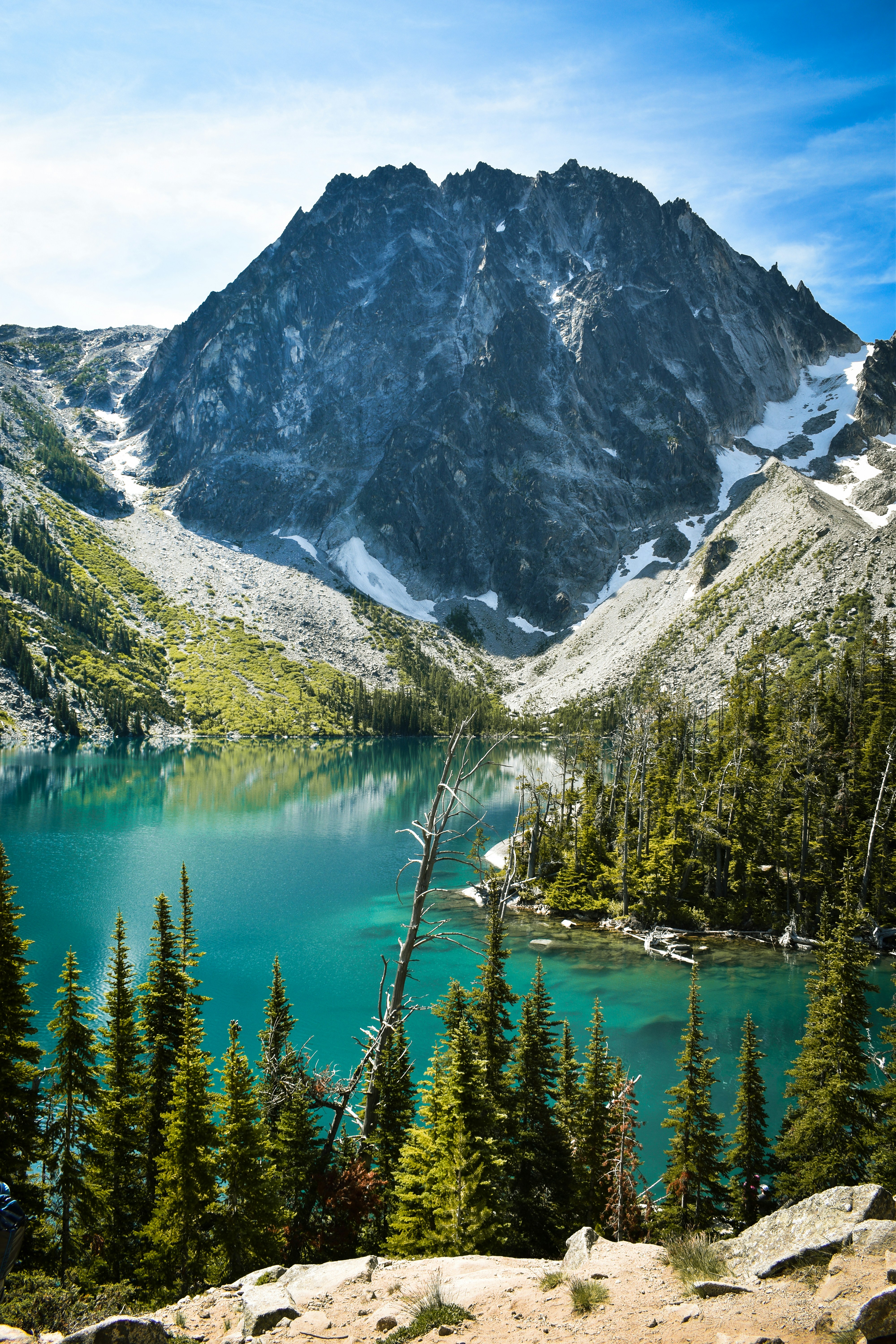 peaceful summer hike  | a view of a mountain lake surrounded by pine trees
