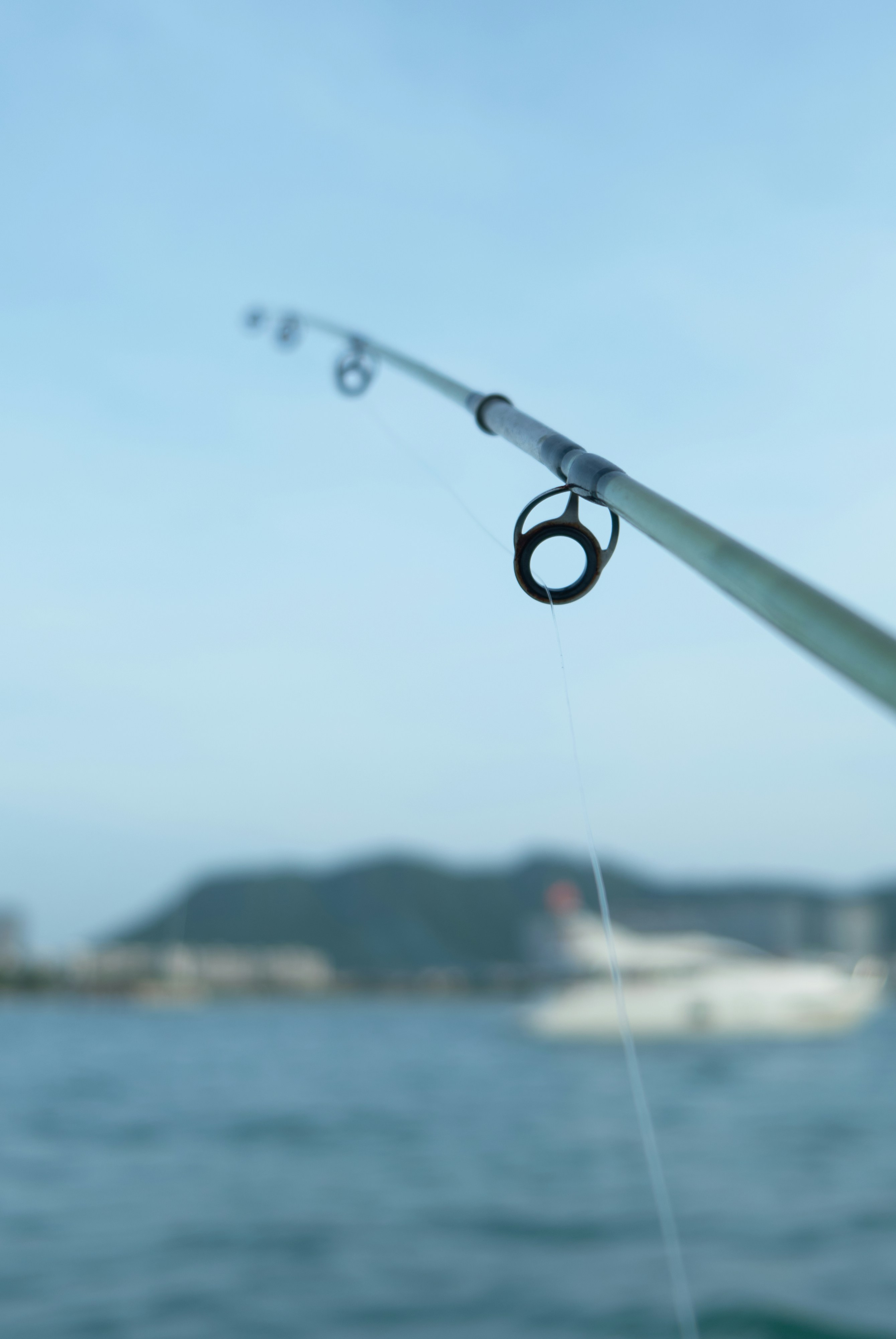 A close up of a fishing rod with a boat in the background photo – Free ...
