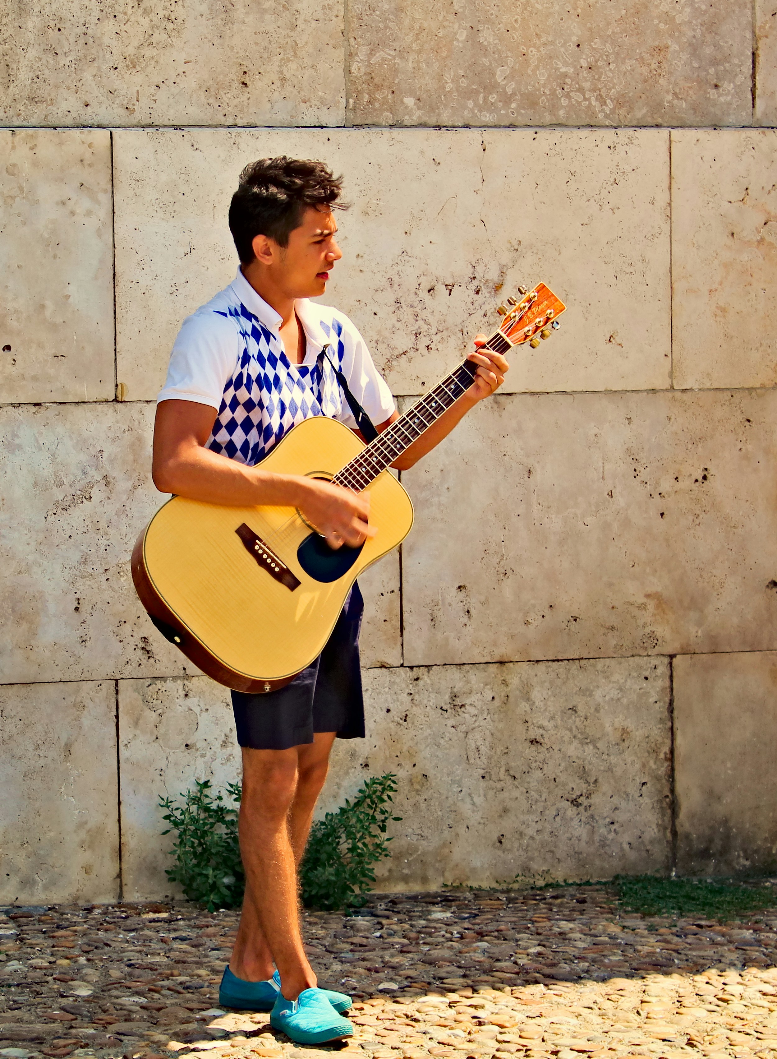 Chords by the Stone Wall: A Street Guitarist in Sunlight