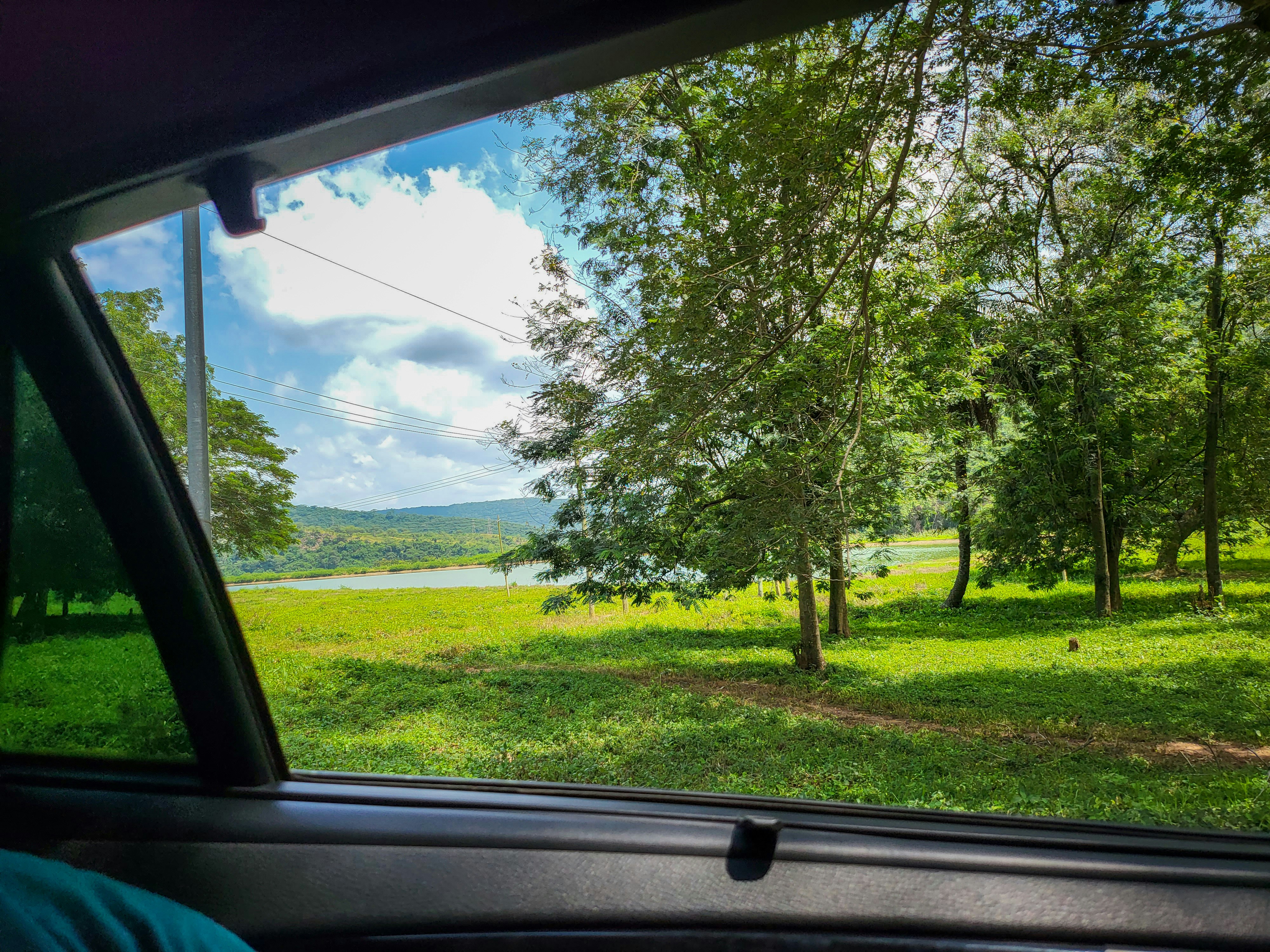 Sunlit grassy field and distant lake seen through a car window, with trees lining the shore.