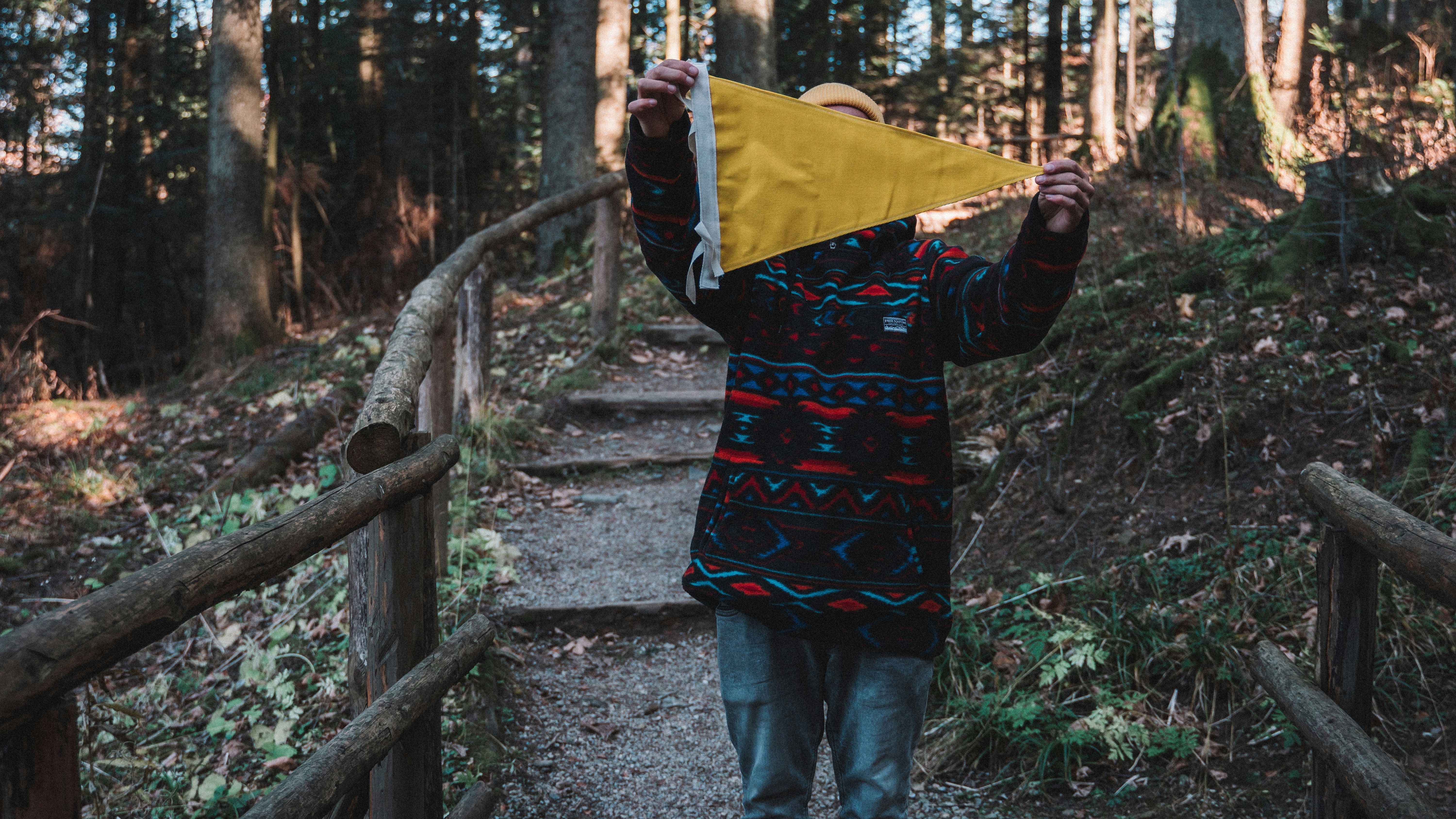Bright Yellow Banner Guarded by a Tribal Sweater in a Pine Corridor