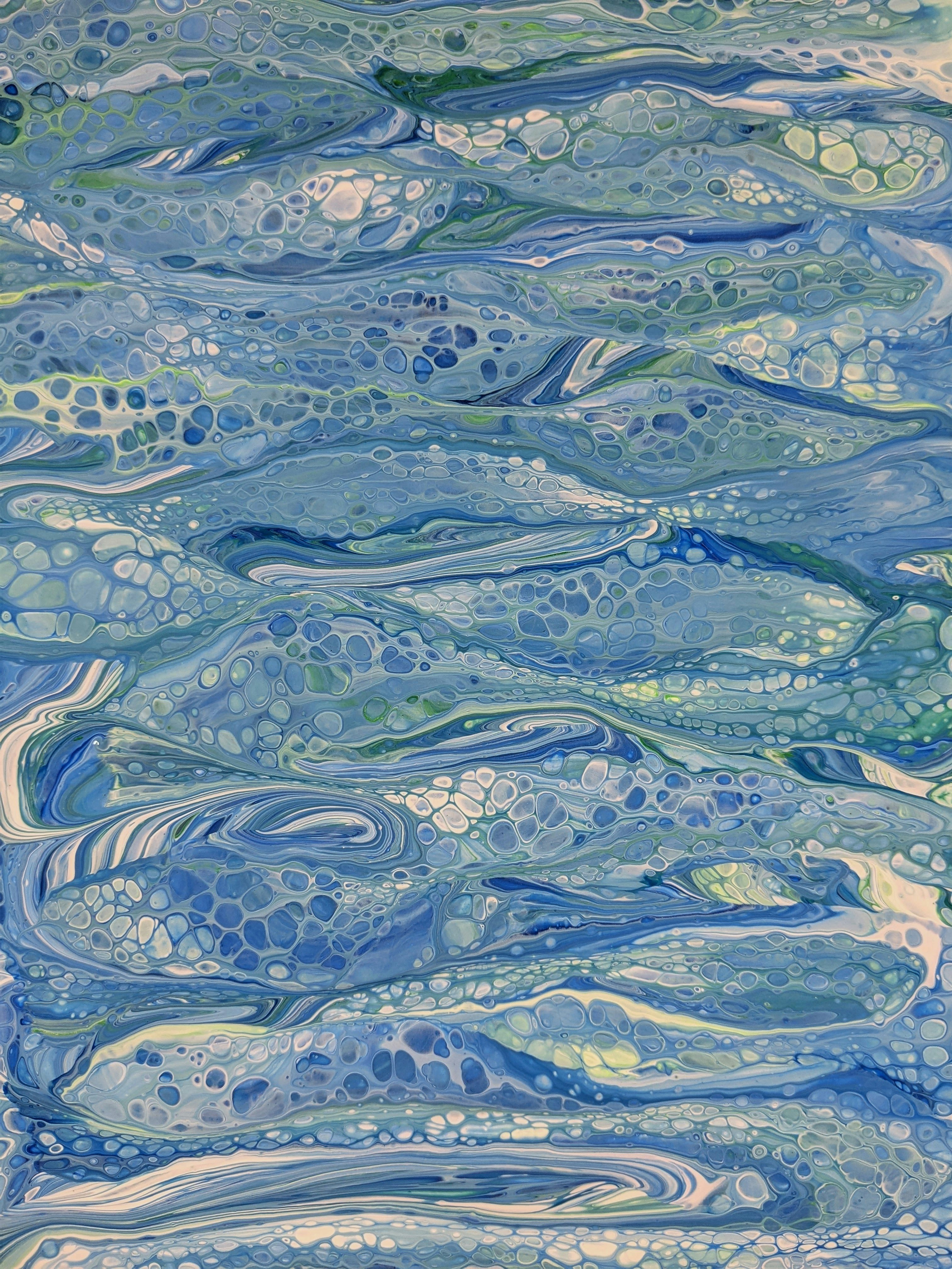 Abstract fluid art featuring swirling shades of blue and green, evoking the movement of water. The intricate patterns create a sense of depth and fluidity.