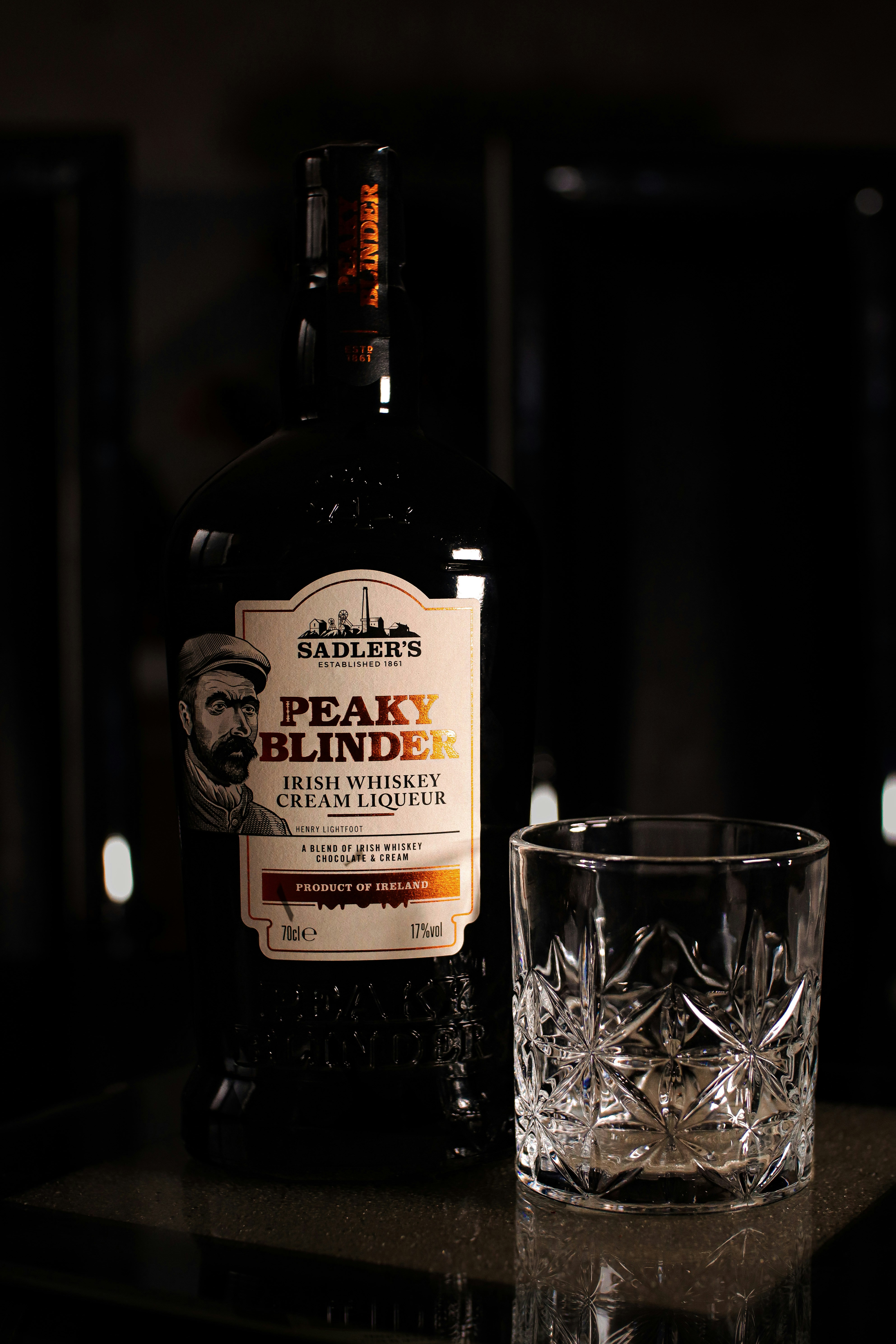 Low-Light Still Life: Sadler's Peaky Blinder Bottle and Crystal Glass
