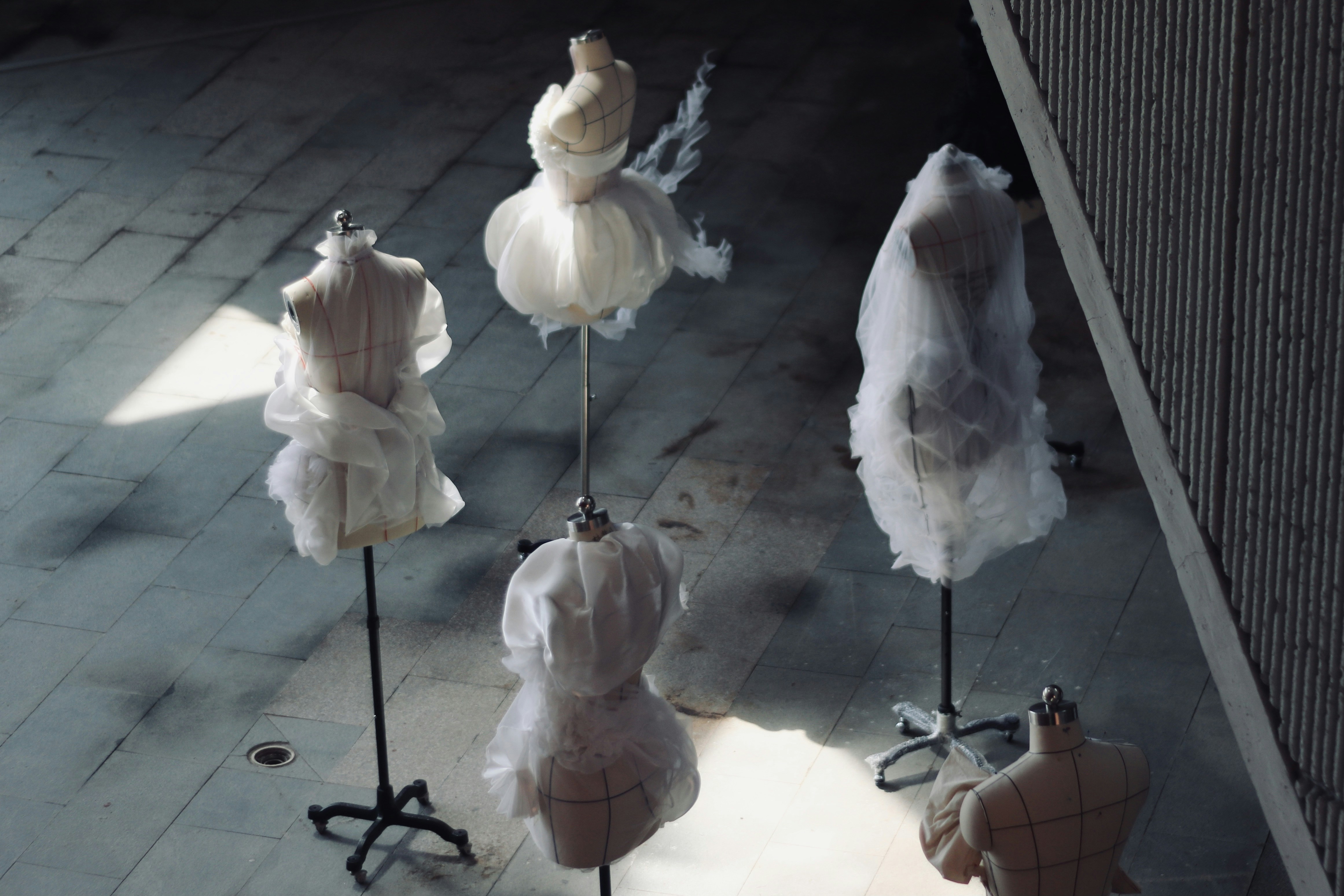 Tulle and Shadows: Dress Forms Standing in a Sunlit Studio