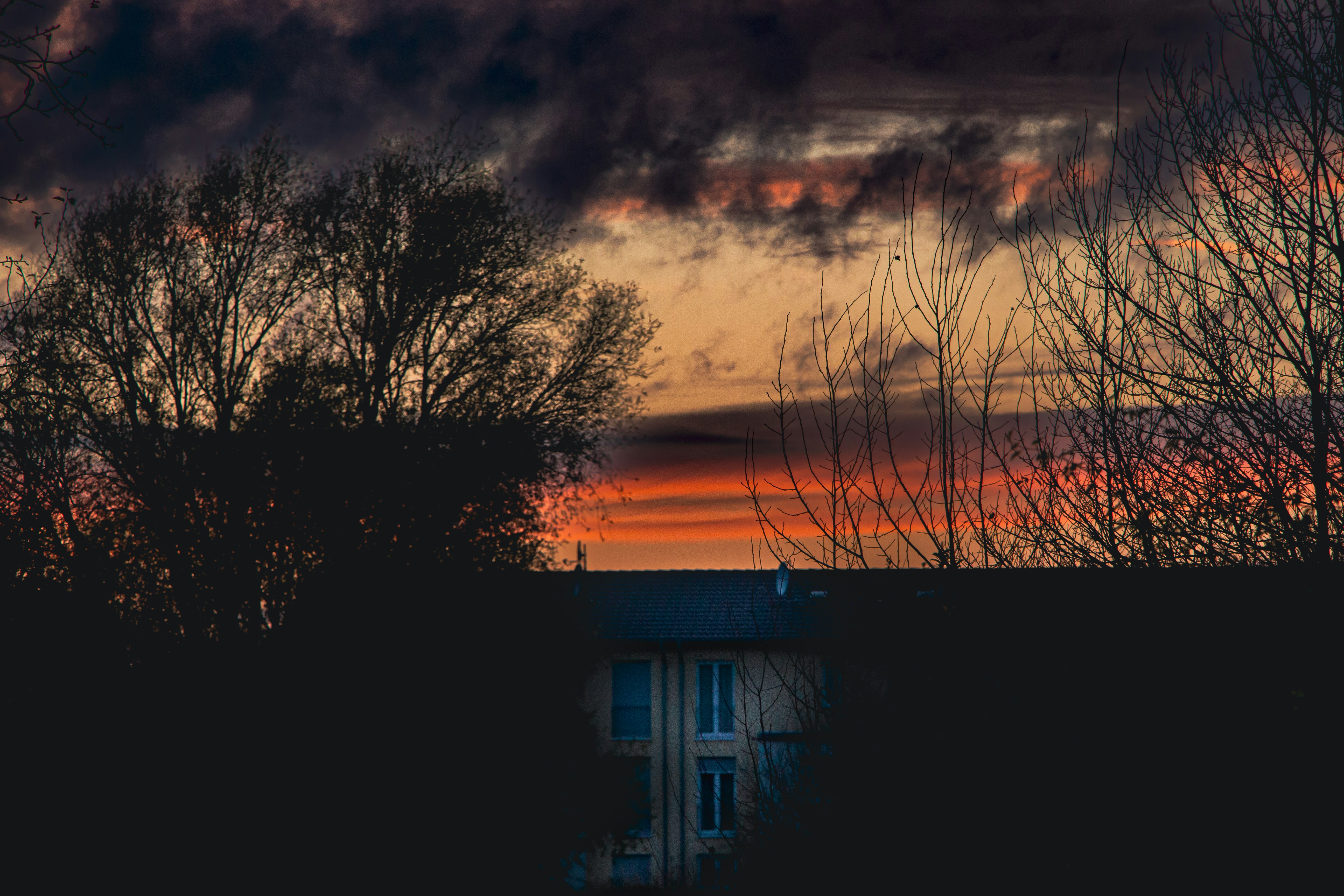 the sun is setting over a house with trees in the foreground